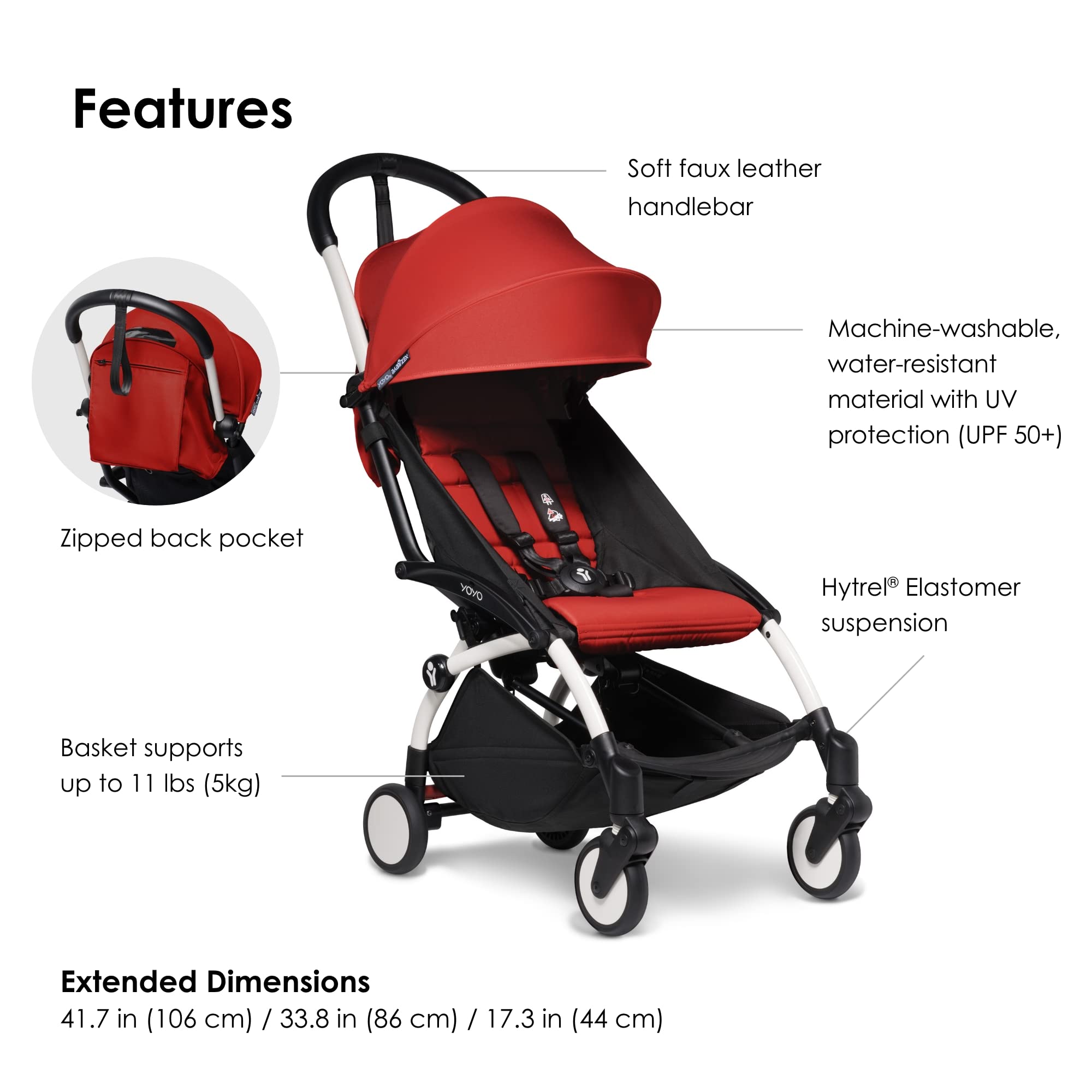 BABYZEN YOYO2 Stroller - Lightweight & Compact - Includes White Frame, Red Seat Cushion + Matching Canopy - Suitable for Children Up to 48.5 Lbs