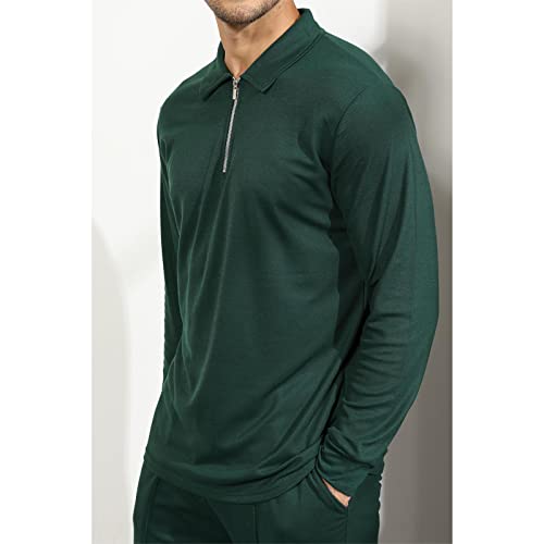 Aulemen Men's 2 Piece Tracksuits Outfits-Casual Long Sleeve Zip Polo Sweatsuits Set For Men Green XL