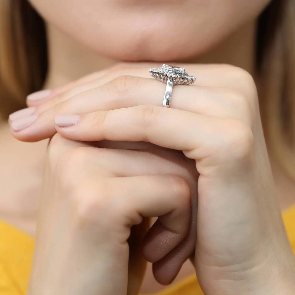 BERRICLE Sterling Silver Halo Wedding Engagement Rings Marquise Cut Cubic Zirconia CZ Statement Cluster Ring for Women, Rhodium Plated Size 5