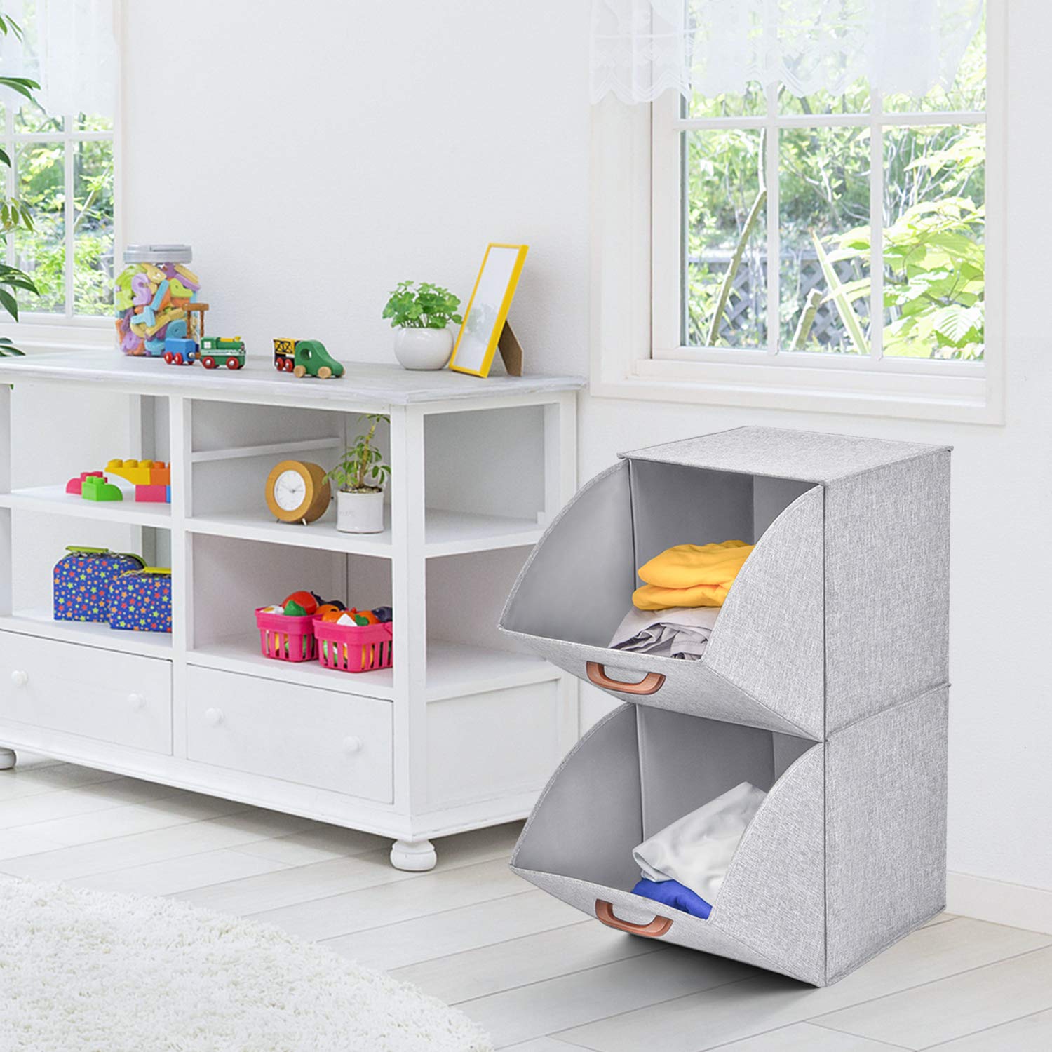 MaidMAX 2 Tiers Collapsible Storage Organizer, Fabric Cube Bins, Pull-Down Doors with 2 Wooden Handles for Closet, Home, Office, Free Standing, Grey