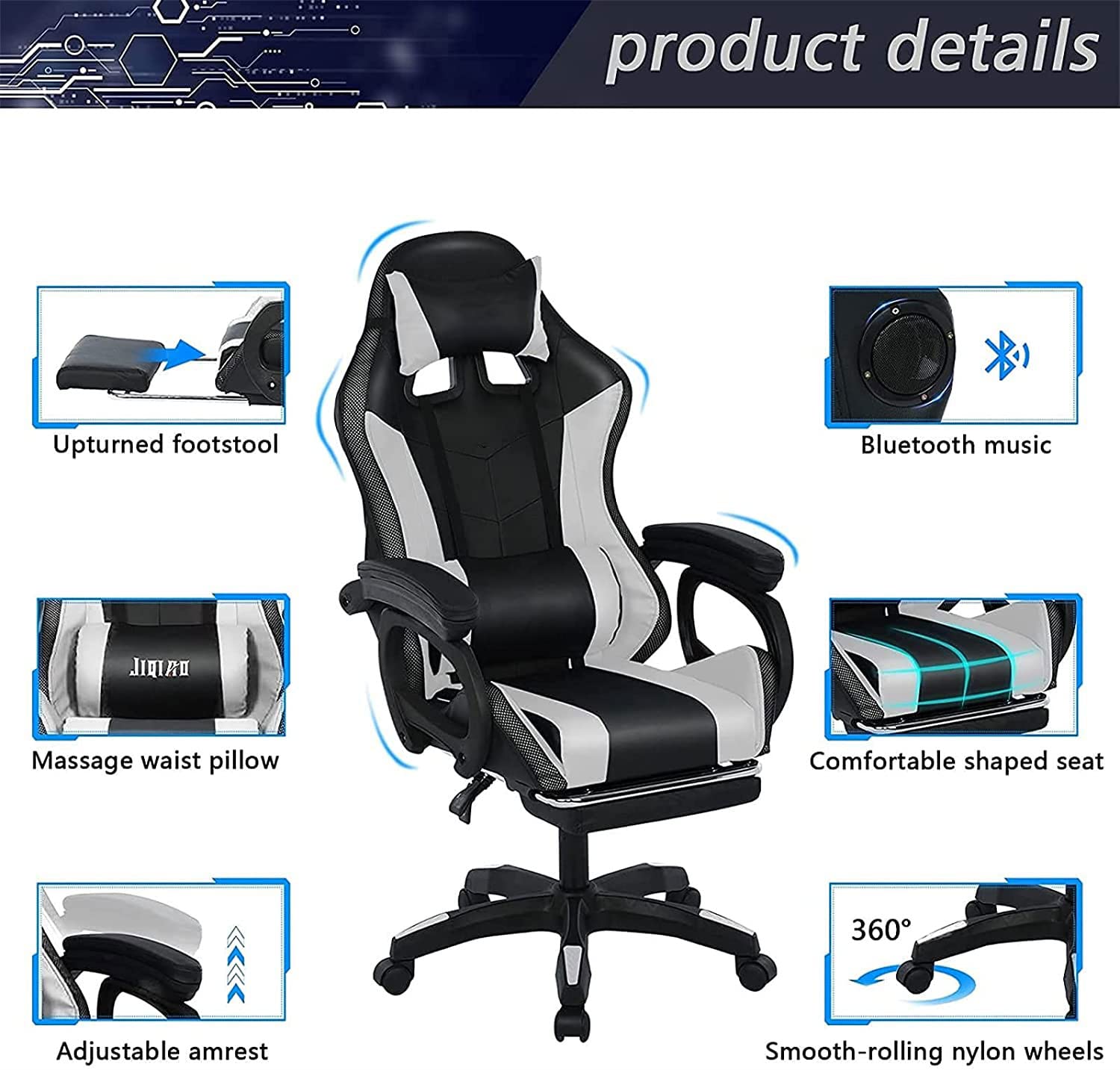 TBQATNTS Gaming Chair with Speakers,Led Gaming Chair,Ergonomic Pro Gaming Chair with Full Massage Lumbar Support Bluetooth Speakers Backrest Adjustable/Gaming Chairs for Adults,Black