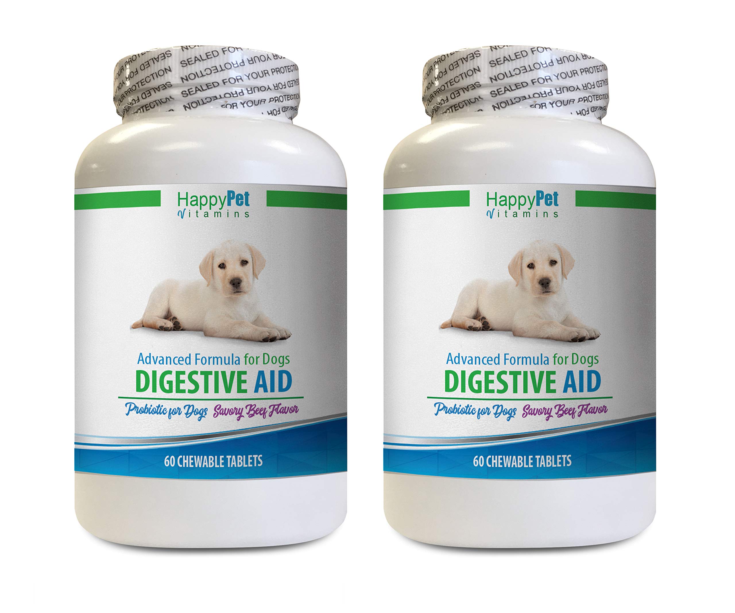 HAPPY PET VITAMINS LLC Dog probiotic - Dog Digestive AID - Natural PROBIOTIC and PREBIOTIC Blend - Optimal Gut and INTESTINE Health - Dog probiotic Capsules - 2 Bottles (120 Treats)