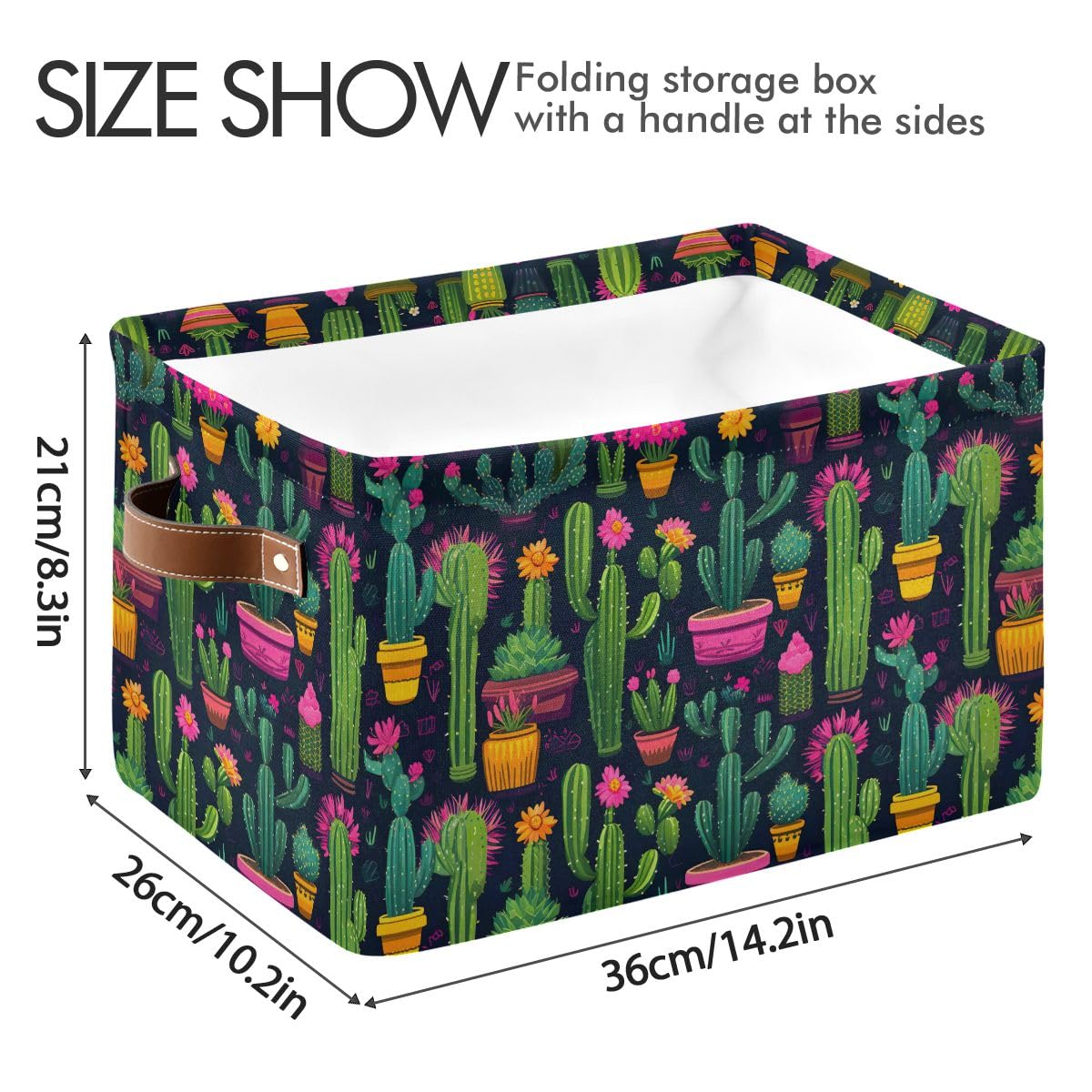 Cute Cactus Plant Green Basket with Handles, Waterproof Storage Basket Laundry Baskets Foldable Closet Organizer Bins for Home Closets, Offices, Bedroom, Laundry, 1PC