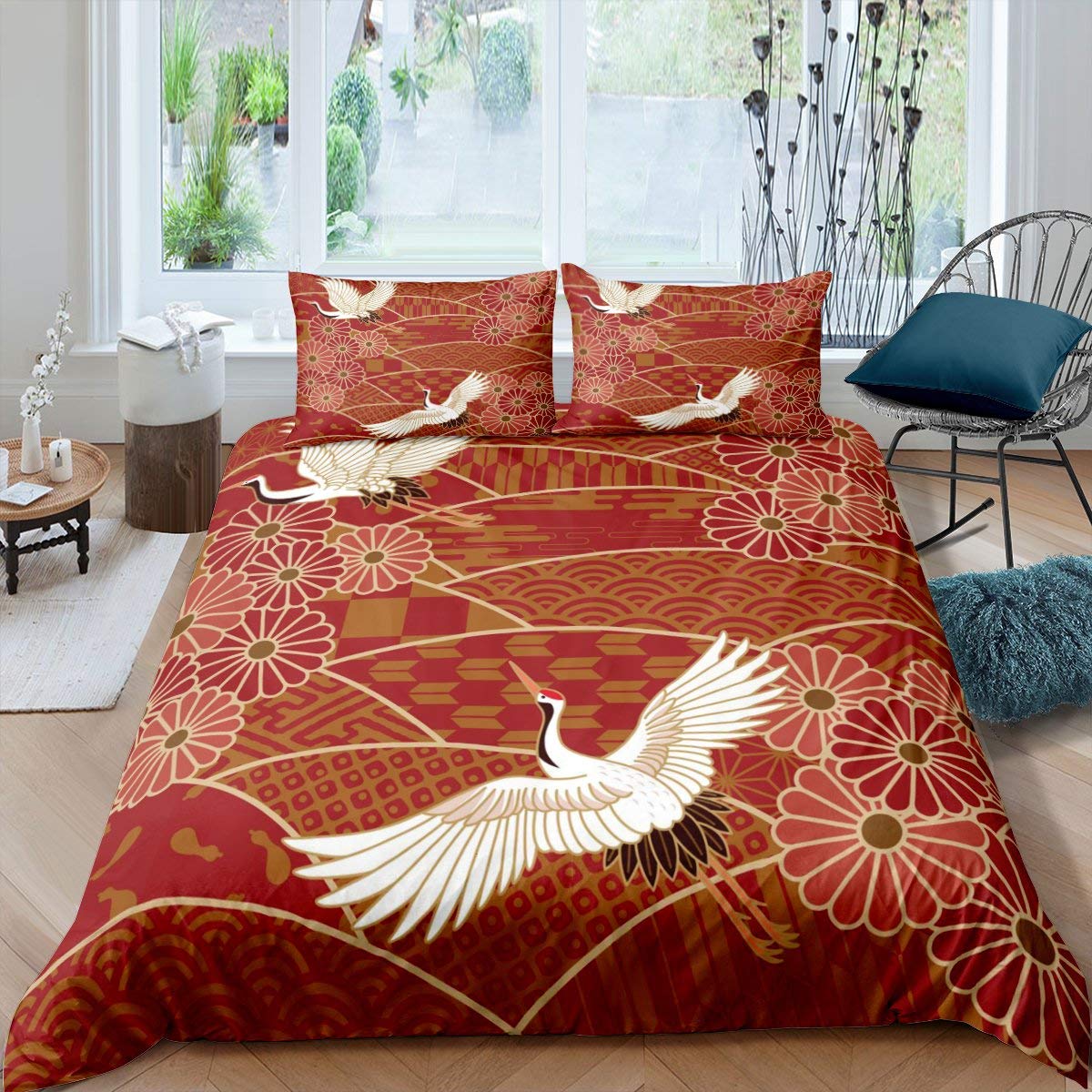 Erosebridal Japanese Style Crane Duvet Cover for Kids Boys Girls Teens Exotic Floral Comforter Cover, Ukiyoe Traditional Bedspread Cover Decor Vintage Style Bedding Set with Corner Ties Full Size