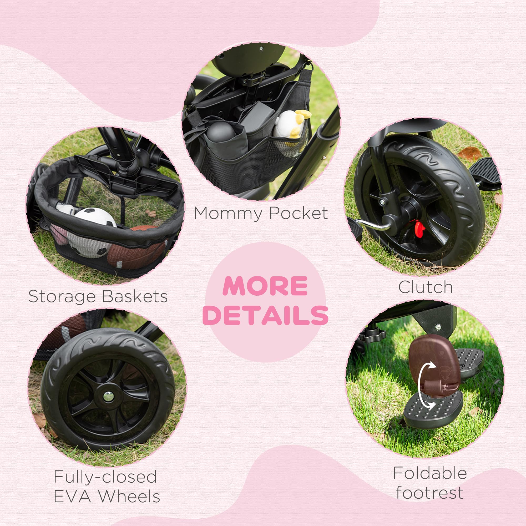 Qaba Kids Tricycle 4 in 1 Trike with Reversible Seat, 2.8'-3.1' Height Push Handle, Canopy, Handrail, Safety Belt, Storage Footrest Brake Clutch, for 1-5 Years Old, Black