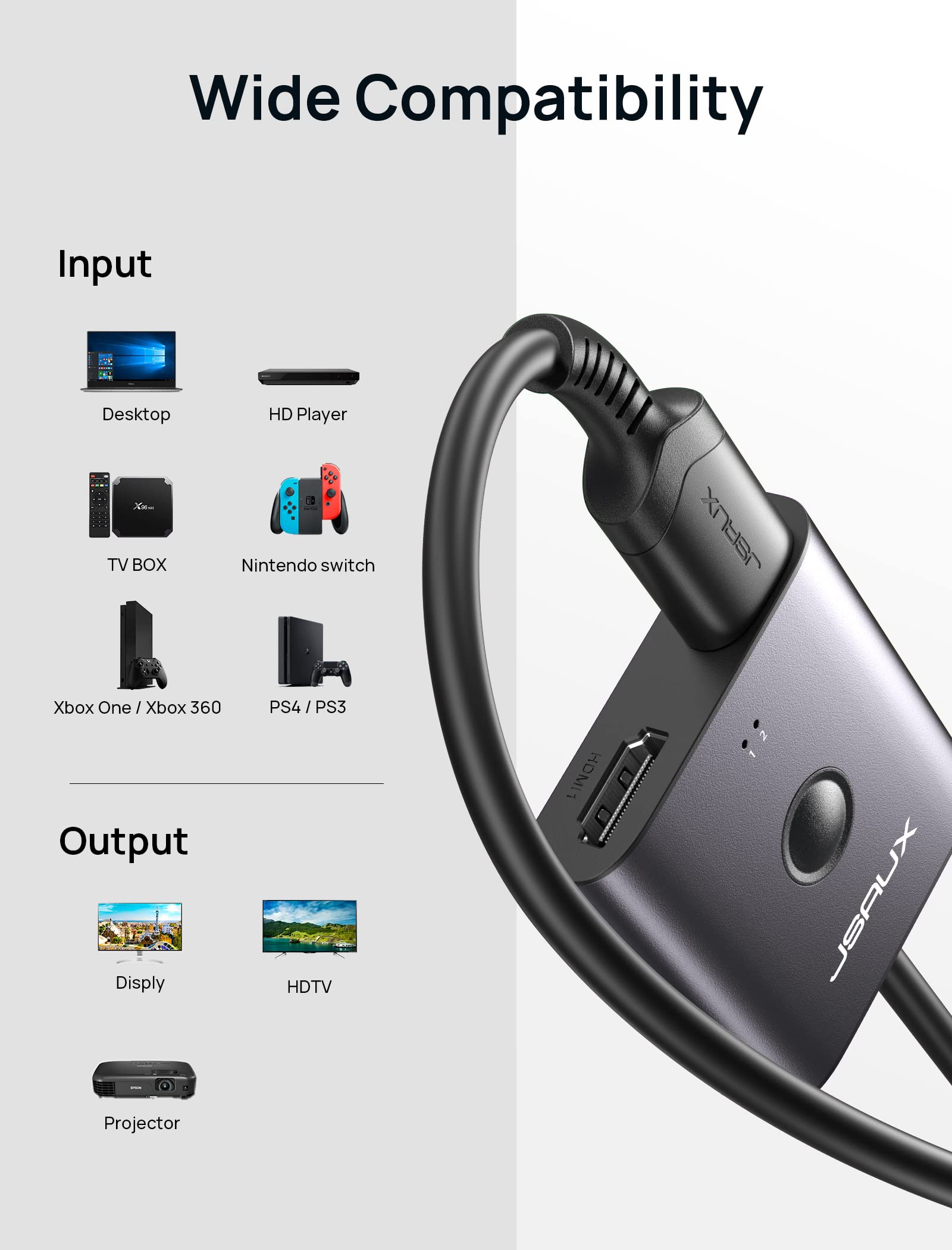 HDMI Switch 4K 60Hz【with 1.3FT HDMI Cable】, JSAUX HDMI 2.0 Switcher 2 in 1 Out Aluminum Bi-Directional Splitter 2 x 1/1 x 2 UHD 3D Compatible for Switch, PS4, Roku, HDTV, Monitor -Grey