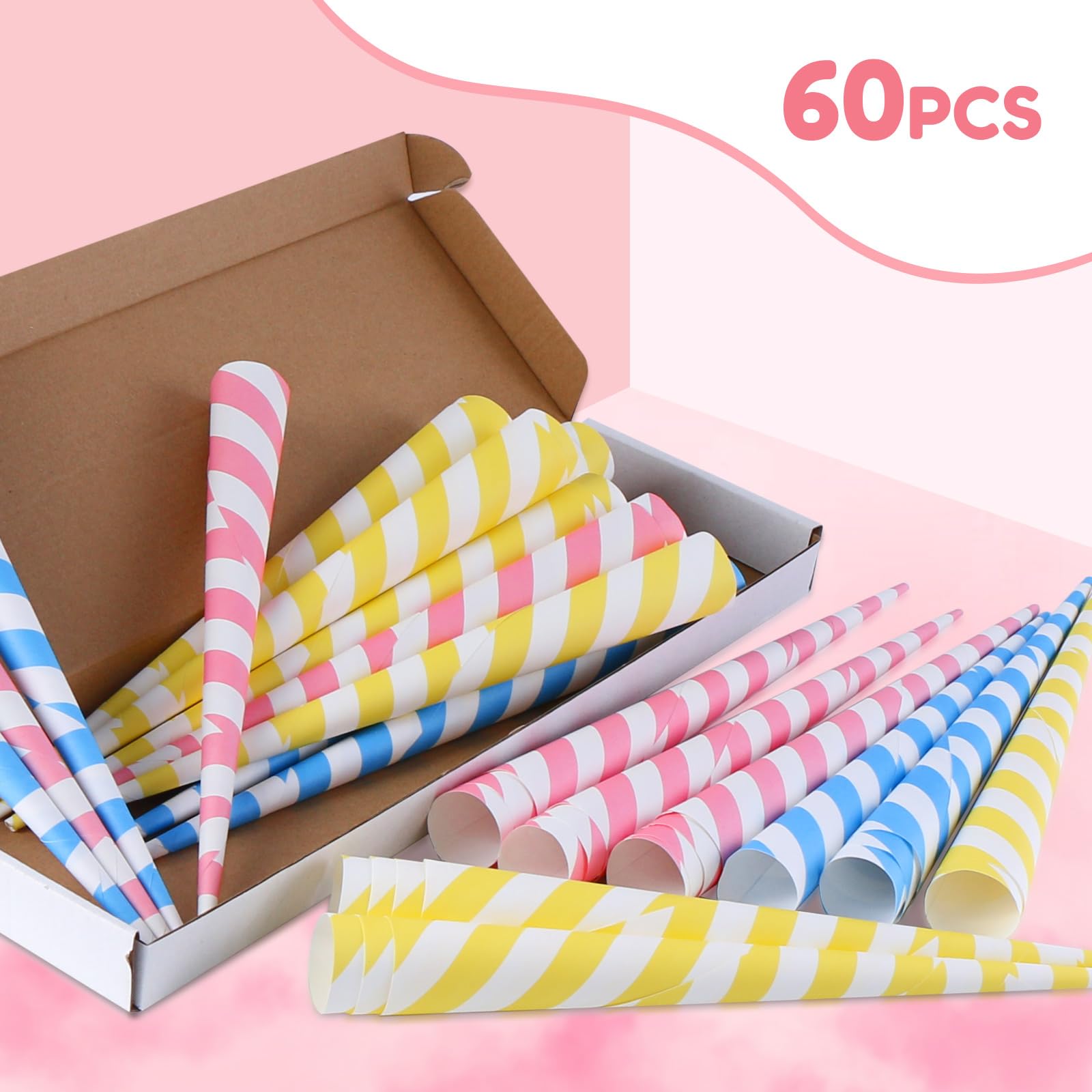 Cotton Candy Cones 60PCS, Multicolor Cotton Candy Paper Cones for Cotton Candy Making, Candy Making Supplies, Colorful Sticks for Birthday,Parties,Festivals (Blue/Pink/Yellow)
