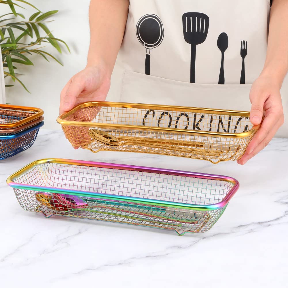 BYEGOU Kitchen Drawer Organizer, Stainless Steel Storage Container Rose Gold Metal Cabinet Storage Basket for Holding Silverware Kitchen Utensil, Pack of 2
