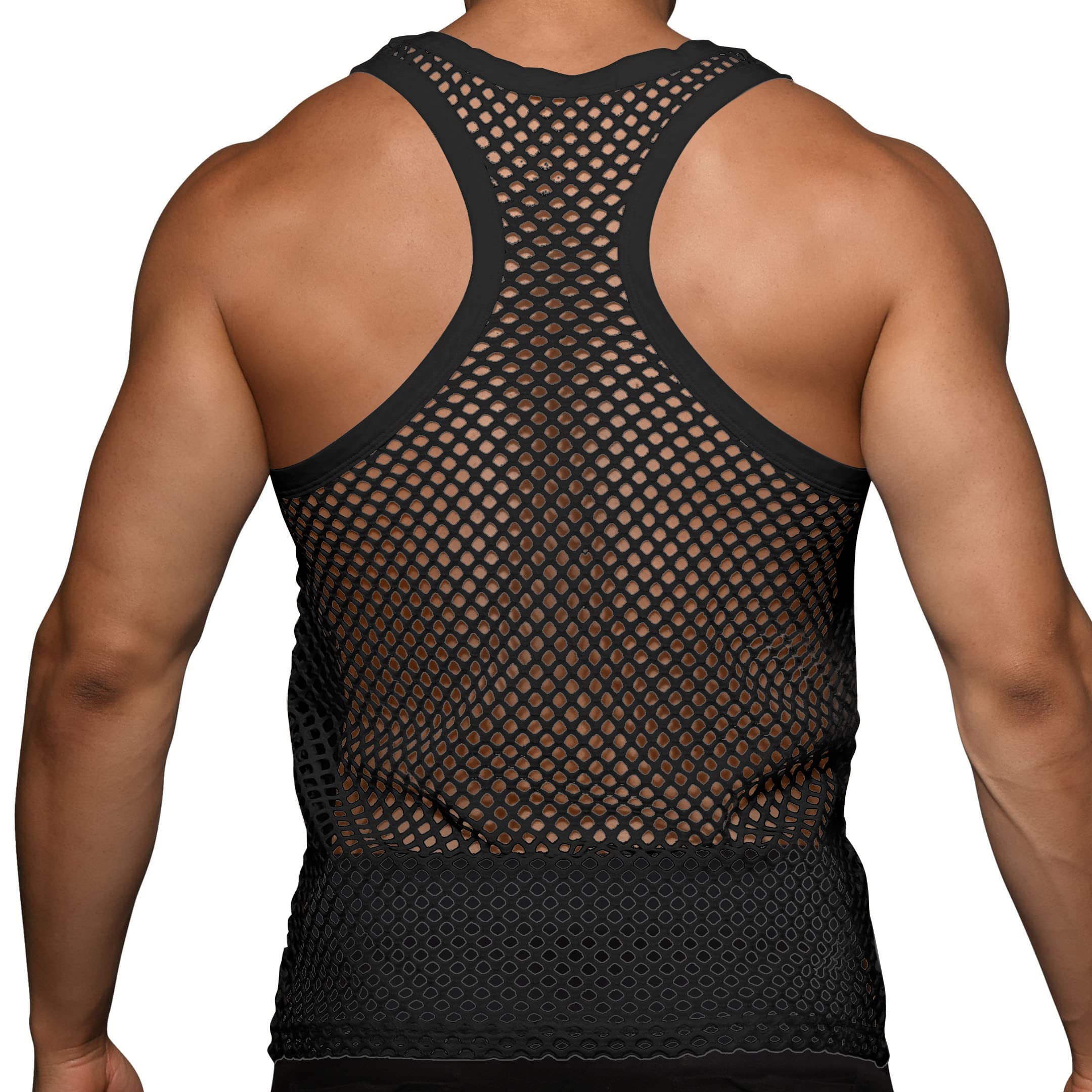 Beotyshow Mens Mesh Fishnet Tank Tops Fitted Sleeveless Night Club Style Muscle Top Summer Workout Beach Shirts Black