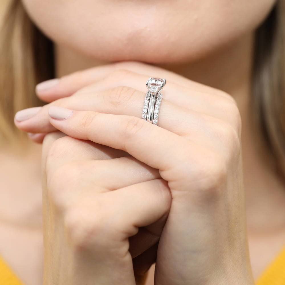 BERRICLE Sterling Silver 3-Stone Wedding Engagement Rings Emerald Cut Cubic Zirconia CZ East-West Ring Set for Women, Rhodium Plated Size 5.5