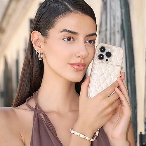 LAMEEKU iPhone 13 Pro Max Wallet Case, Quilted Leather Crossbody Card Holder with Chain Strap - Beige