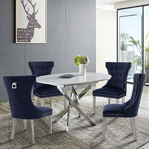 Creek Vista Velvet Dining Chairs Set of 4, Upholstered Dining Room Chair with Stainless Legs, Tufted Kitchen Chair with Button Back and Pull Ring, Dark Blue