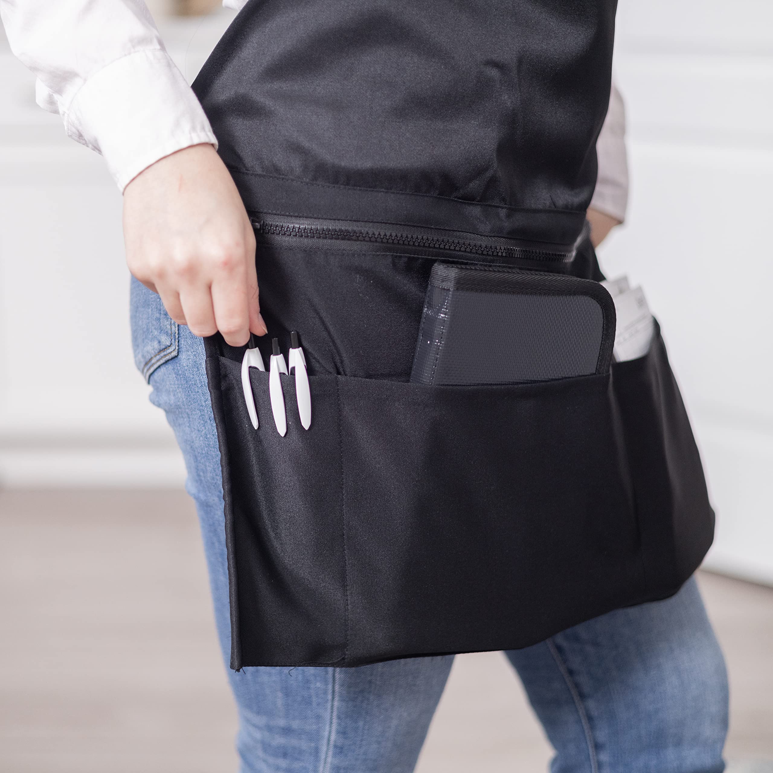 Black Full Length Clip-on Bib Apron with 5 Pockets and Zipper Pouch - Easy to Clean - Great for Servers, Cooking, Kitchen, Cleaning, Teacher, Arts & Crafts, Home. Adjustable 25"-48" waist size.