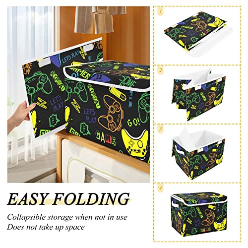 DOMIKING Joysticks Video Game Large Storage Bin with Lid Collapsible Shelf Baskets Box with Handles Organizing Container for Shelves Cabinet Nursery Drawer