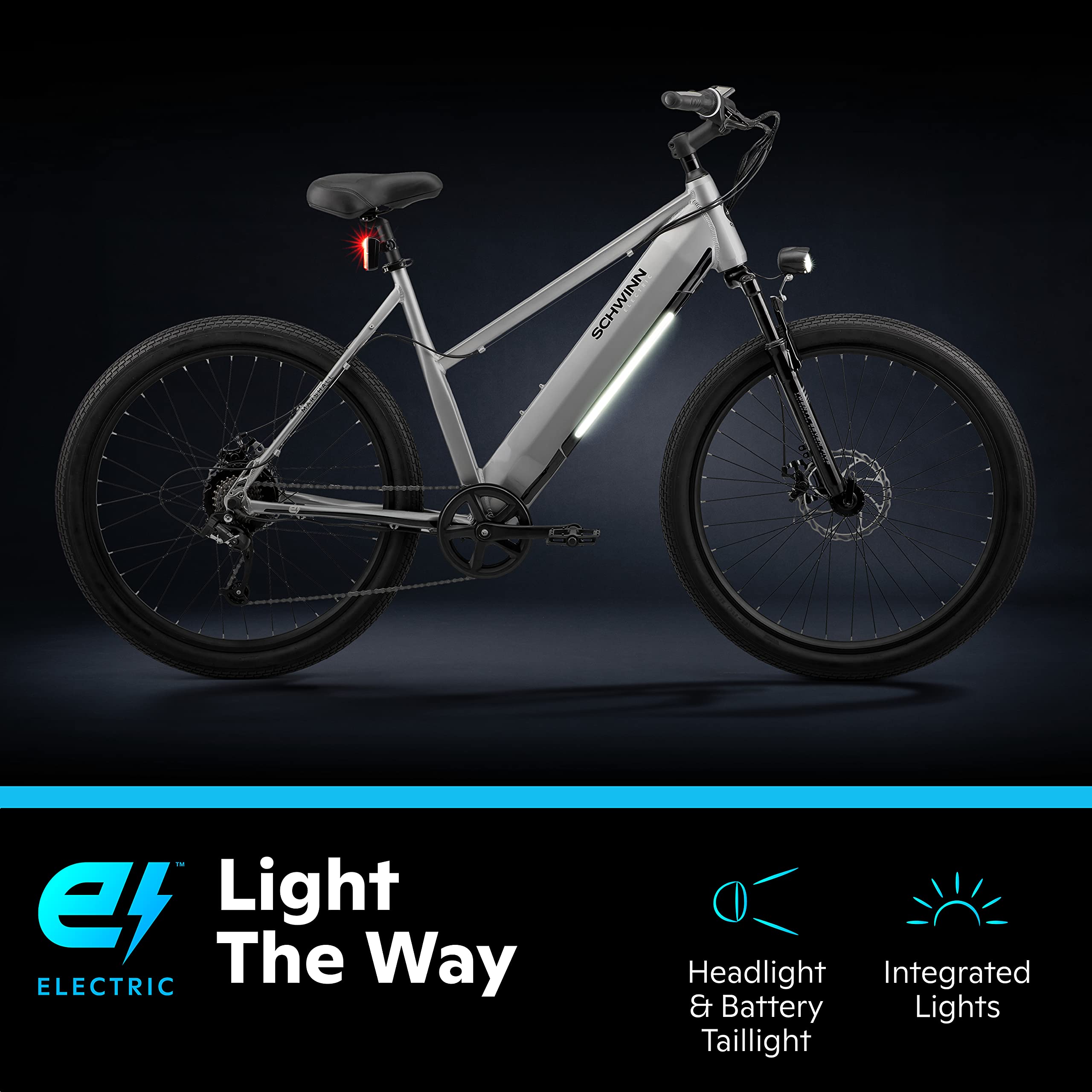 Schwinn Marshall Electric Hybrid Bike for Adults, Small/Medium Step-Thru Aluminum Frame, 250W Motor, 7 Speed, 27.5-Inch Wheels, Gloss Grey