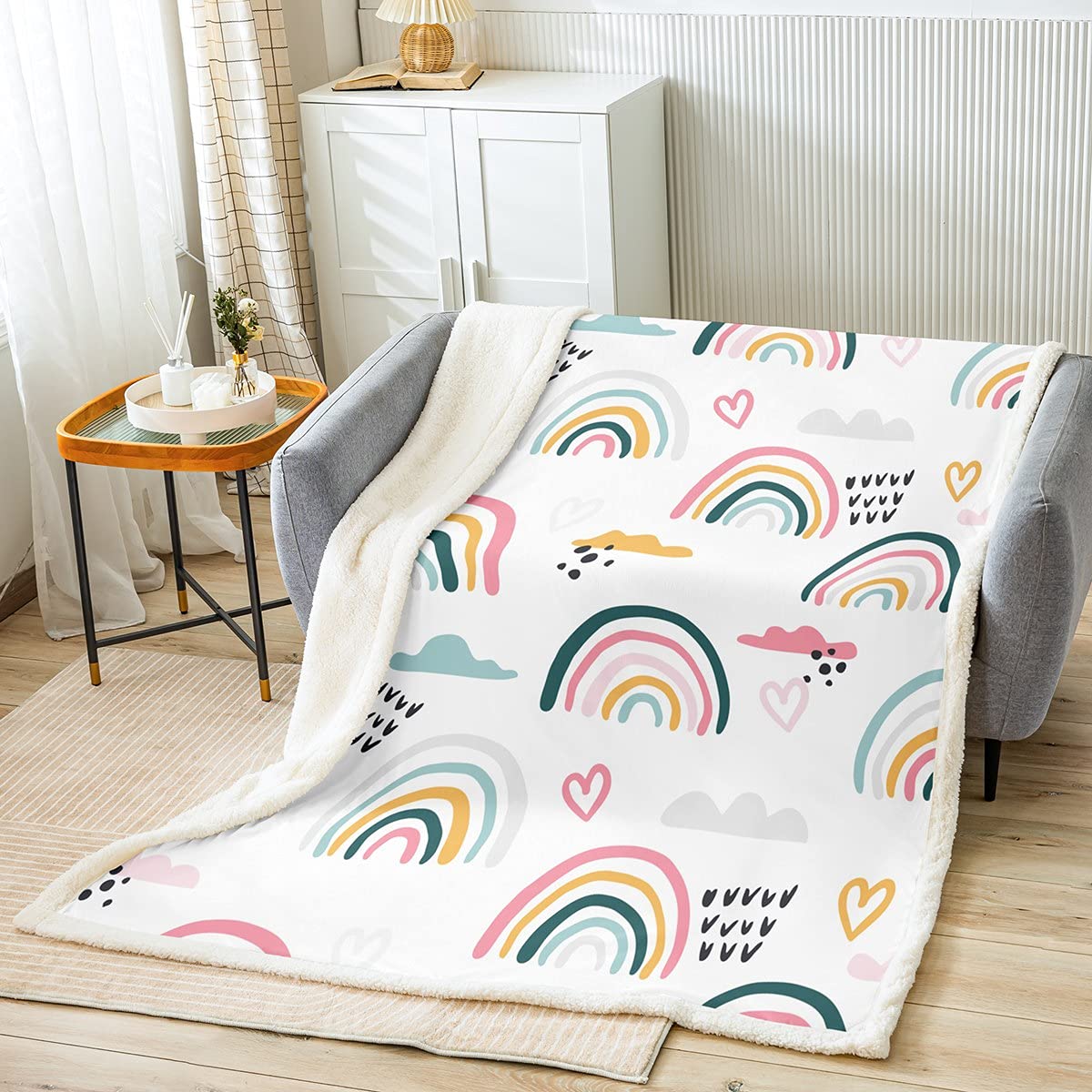 Erosebridal Rainbow Throw Blankets Cartoon Rainbow Sherpa Blanket Throw 50"X60" for Kids Girls Boys Nursery Iridescent Plush Blanket Colorful Clouds Love Heart Fleece Blanket for Bed Sofa Couch