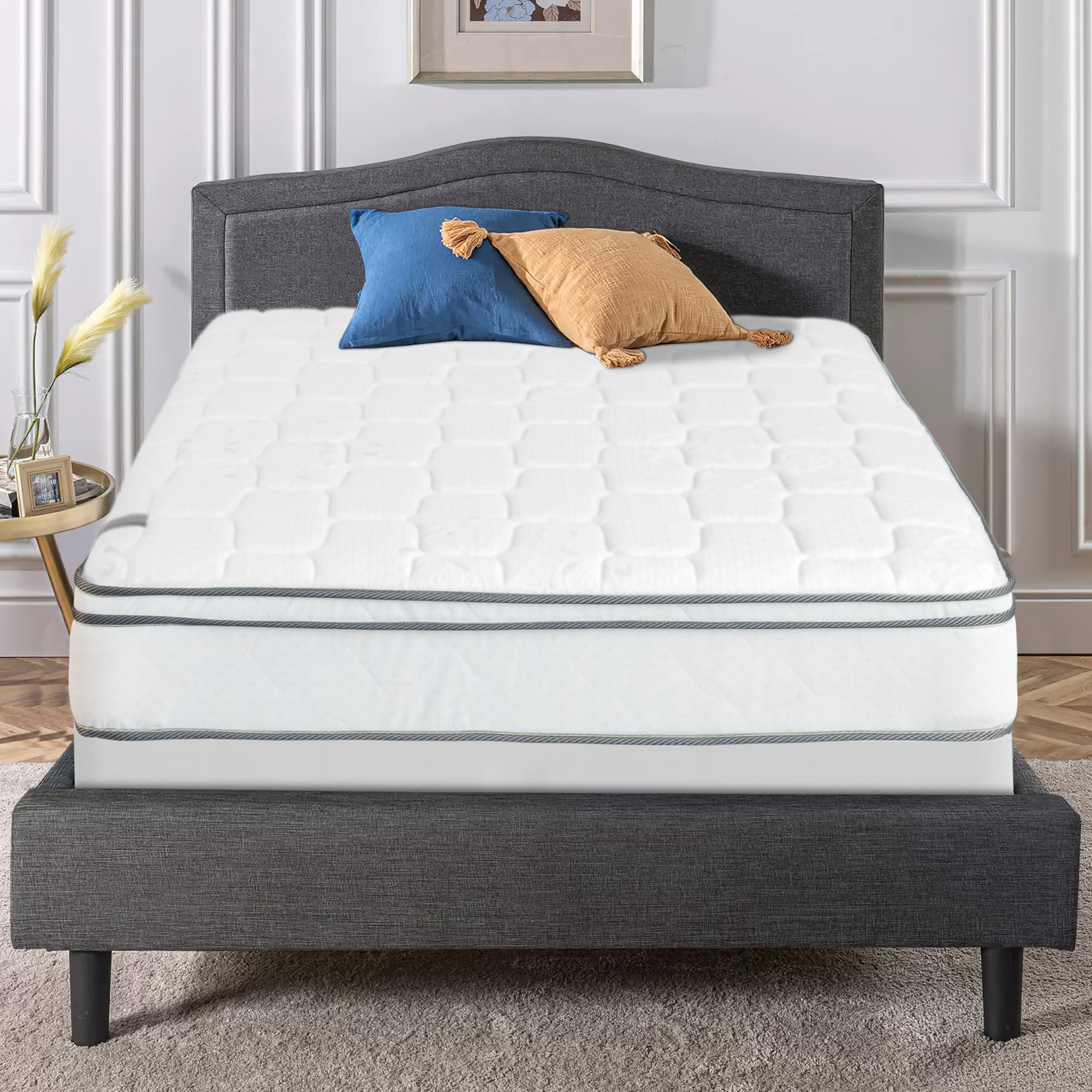 Mattress Solution, 10-Inch Meduim Plush Eurotop Pillowtop Innerspring Mattress & 8" Wood Box Spring Set, Queen