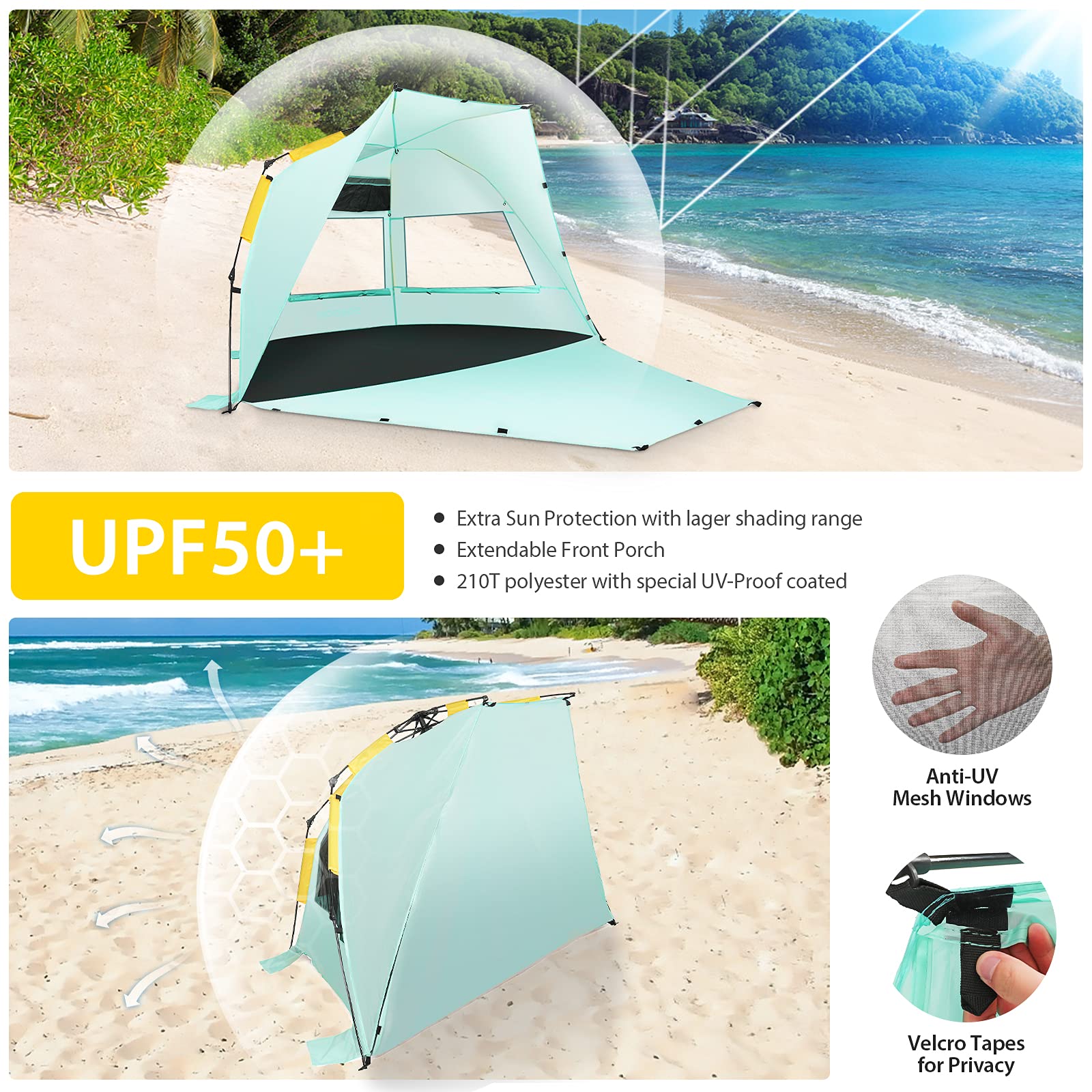 BRGOOD X-Large 4 Person Beach Tent Sun Shelter, Pop Up Tent Instant Tent for Beach Extendable Floor with 3 Ventilating Windows for Camping, Outdoor, Beach Waterproof Windproof with Carrying Bag