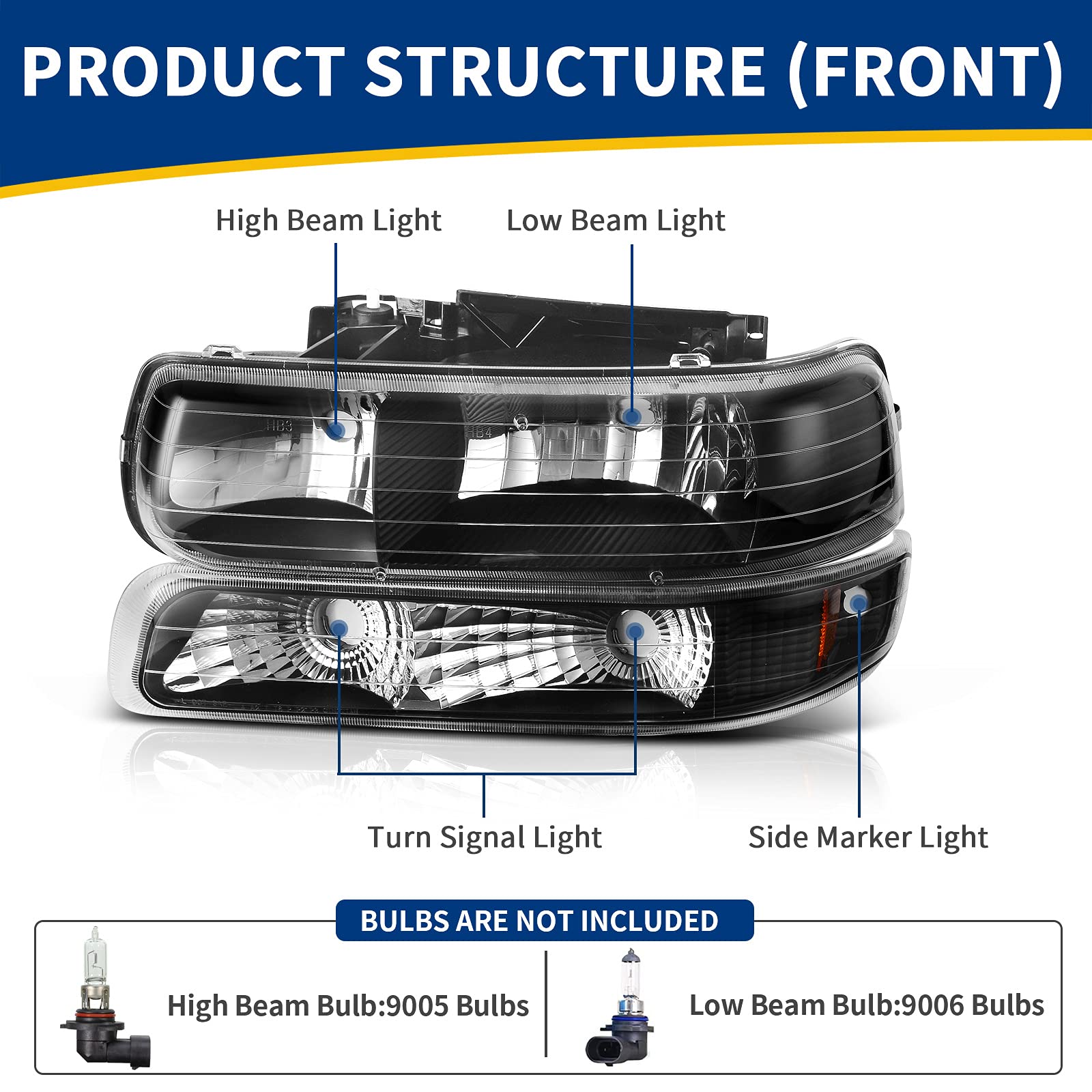 AUTOSAVER88 Headlight Assembly Compatible with 1999-2002 Chevy Silverado 1500 2500/2001-2002 Chevy Silverado 1500HD 2500HD 3500/2000-2006 Tahoe Suburban 1500 2500 Headlamp with Bumper Lights