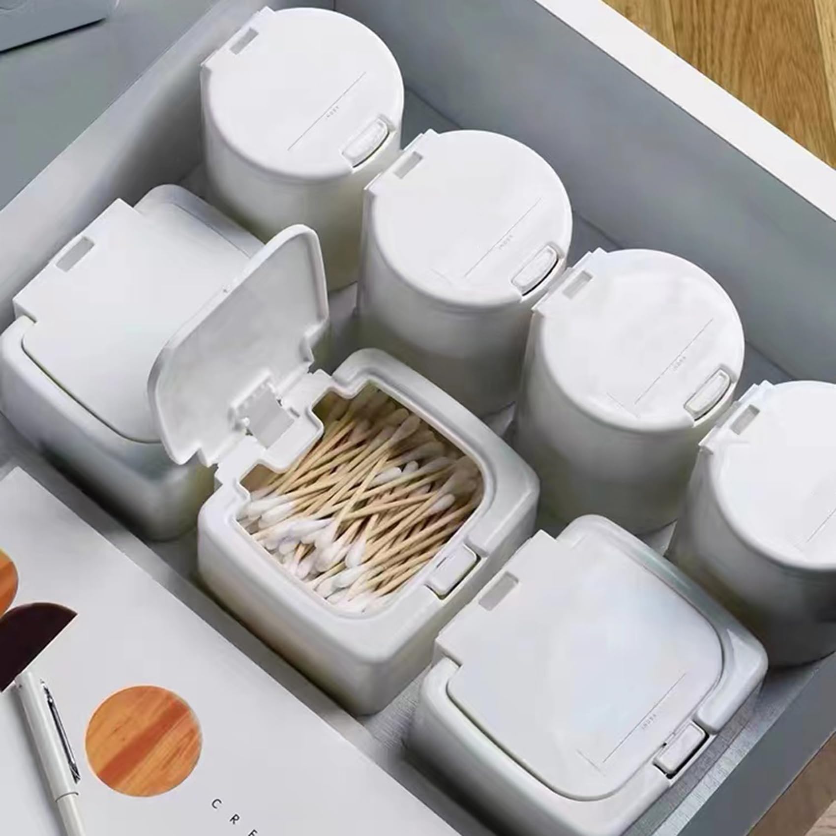 Cotton Swab Ball Qtip Holder Jar Plastic Container Dispenser Box with Lid for Bathroom Home Storage Organizer (Round (Single Grid))