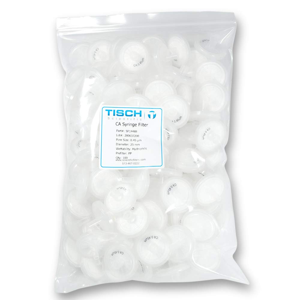 Tisch Brand SF14488 Cellulose Acetate Syringe Filter, 0.45um, 25mm, 1/pk/100 per Pack | Wettability: Hydrophilic | Maximum Operating Temperature: 50 Degrees C | Burst Pressure (psi): 87 |