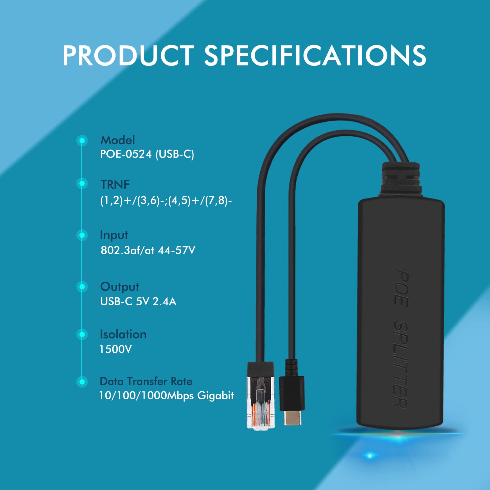 Gigabit PoE USB C Splitter 48V to 5V 2.4A, IEEE 802.3af/at 10/100/1000Mbps Active PoE Power Over Ethernet USB C Splitter Adapter for Security IP Cameras, iPads, Raspberry Pi4, Dropcam