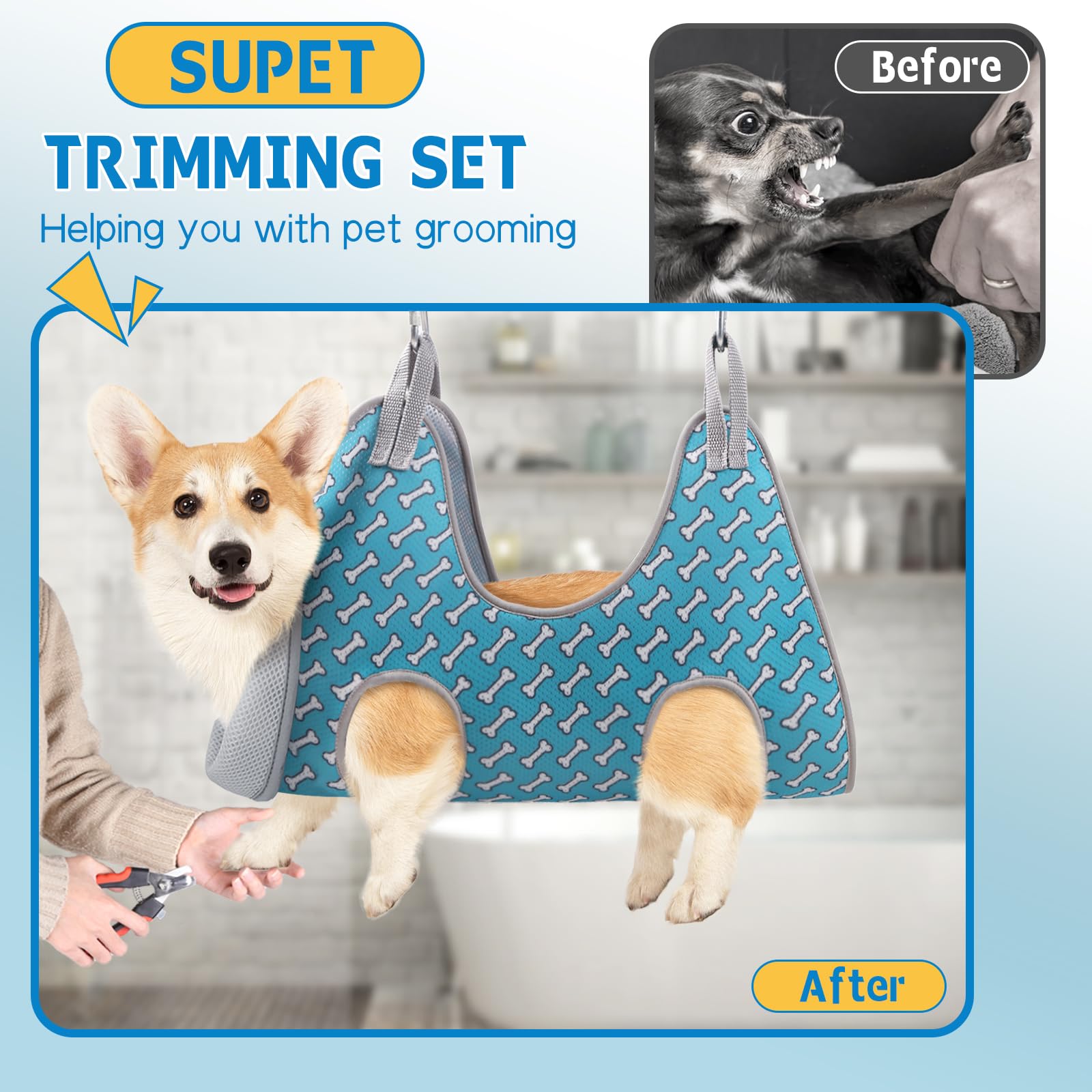 Supet Dog Grooming Hammock Harness for Cats Dogs, Relaxation Pet Grooming Hammock Restraint Dog & Small Animal Leashes Sling fo (Coral Blue, M( Legs Spacing:9"-12.5" / Max W:50LBS ))