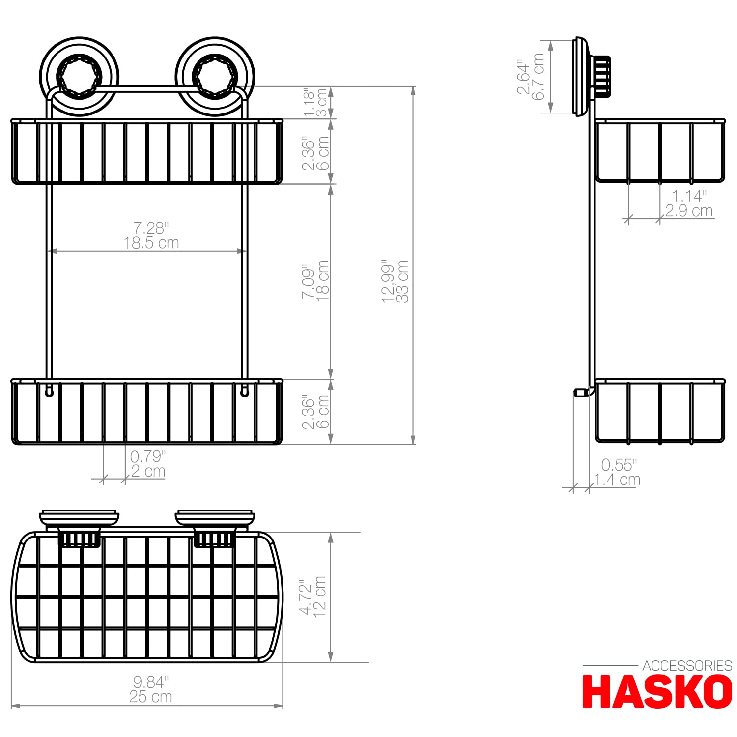 HASKO accessories - Shower Caddy with Suction Cup - 304 Stainless Steel 2Tier Basket for Bathroom - Rustproof (Chrome)