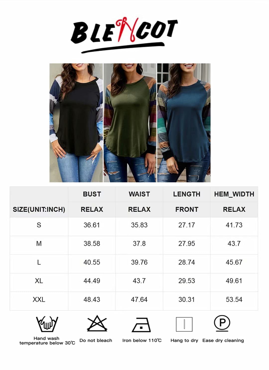 BLENCOT Womens Winter Long Sleeve Tunics Blue Tops Color Block Casual Lightweight Sweatshirts Pullover (US16-18) X-Large