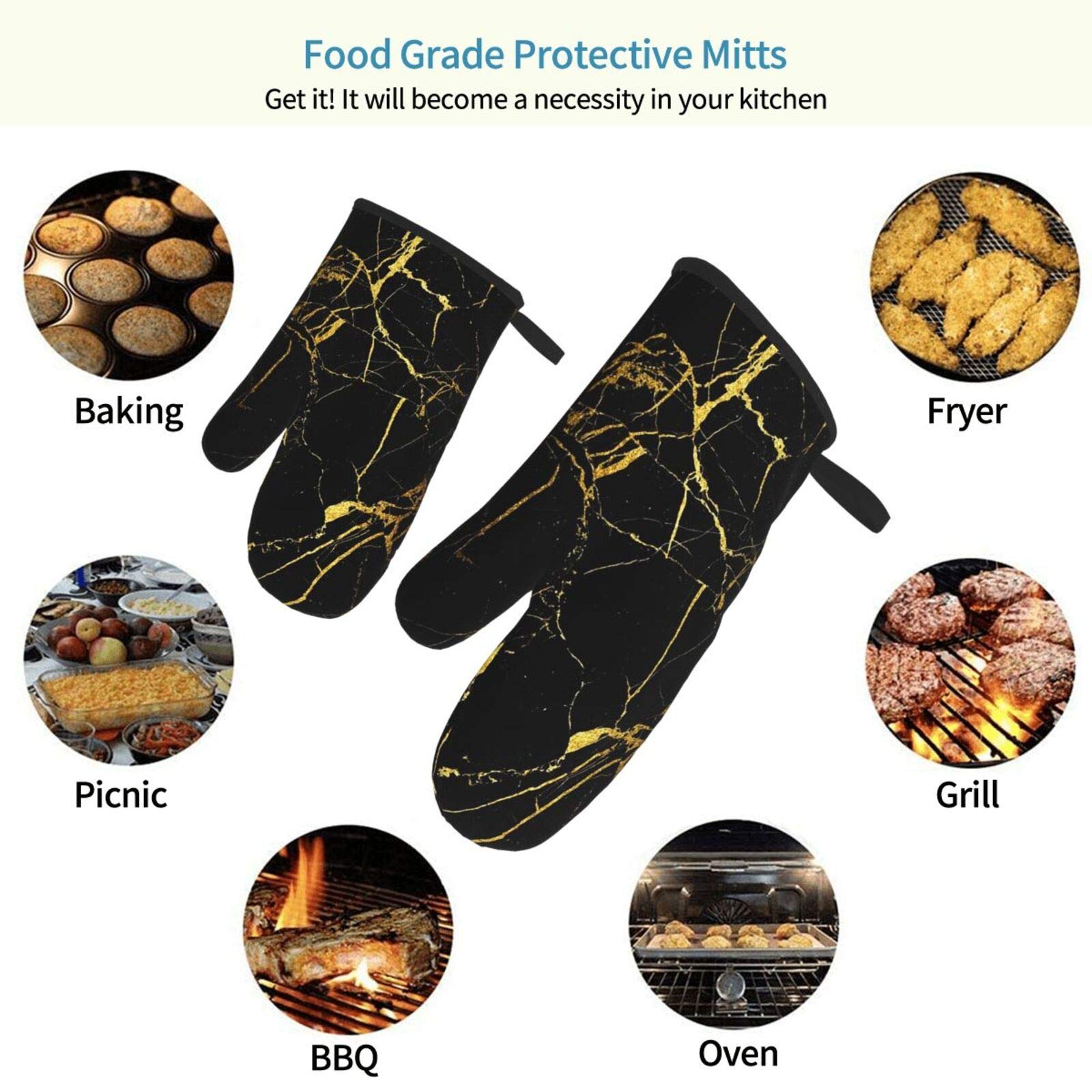 Black Gold Marble Oven Mitts Waterproof Non Slip Heat Resistant Kitchen Gloves for Baking Cooking Grilling BBQ