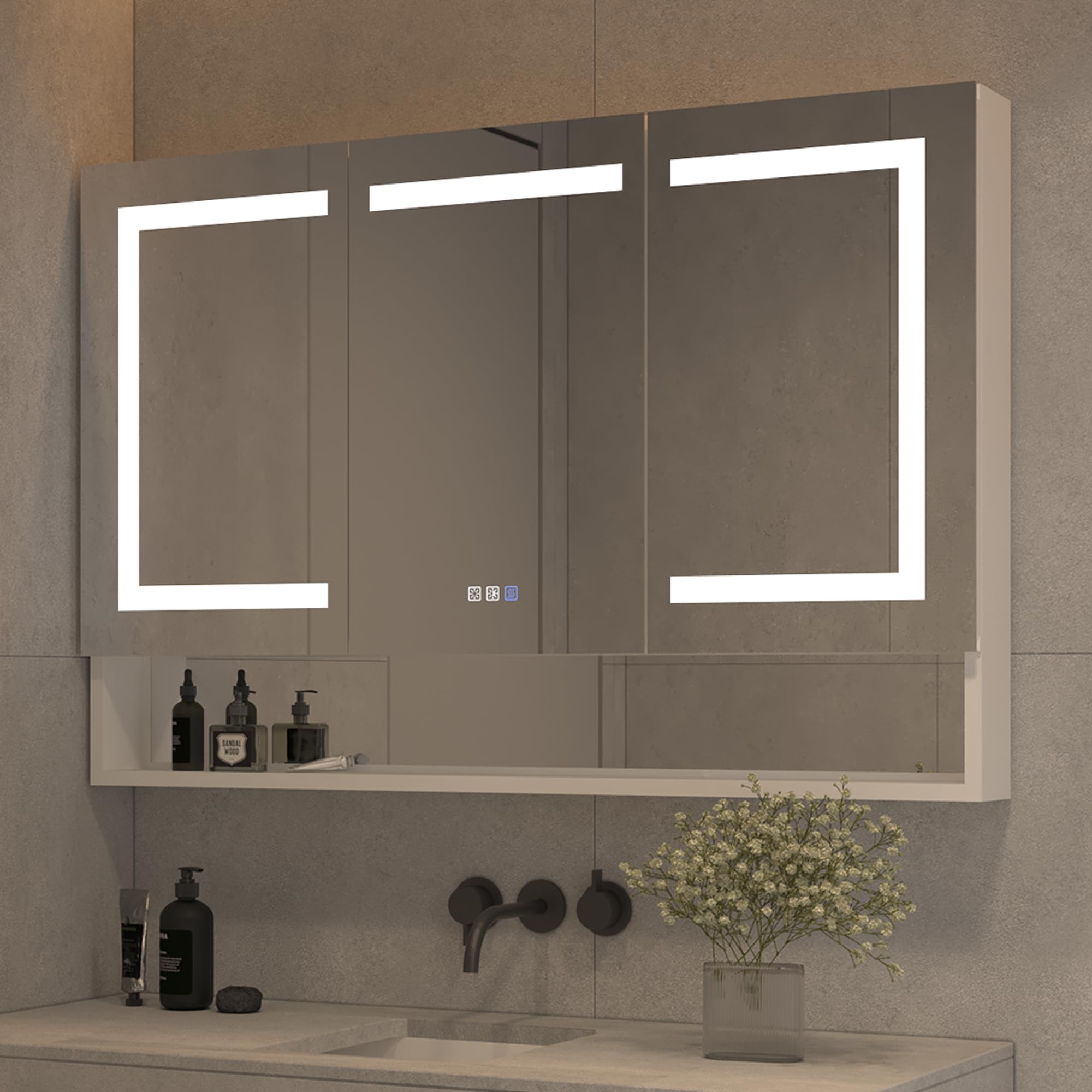 cieloshinerico 48x32 Bathroom LED Mirror Medicine Cabinet, Recessed or Surface Wall Mounted Bathroom Cabinet with Storage Shelves, Smart Touch Dual Outlets and USB, 3 Door, Silver