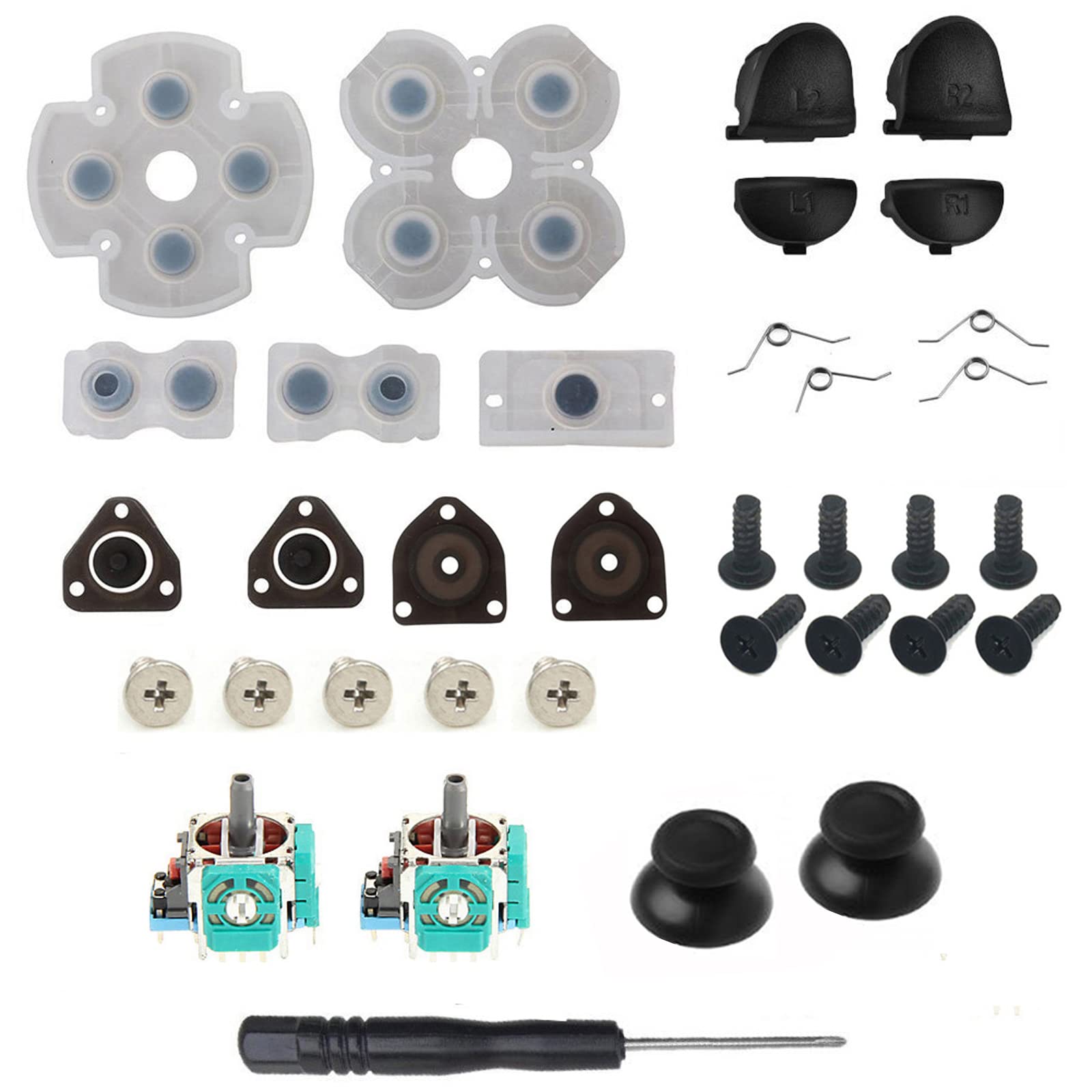 Onyehn L1 R1 L2 R2 Trigger Springs Replacement Parts Buttons,3D Analog Joysticks Thumb Sticks Cap Conductive Rubber Screwdriver Kit for PlayStation 4 PS4 Controller(JDS-001)