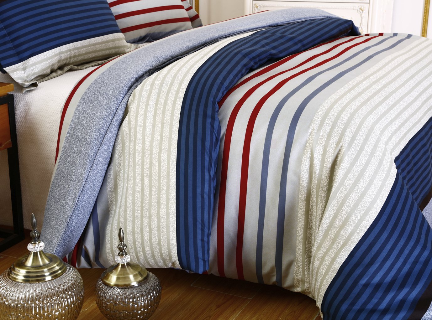DelbouTree Striped Duvet Cover Set,Printed Pattern Comforter Cover,Microfiber Quilt Cover,Zipper Closure,Corner Ties,Queen