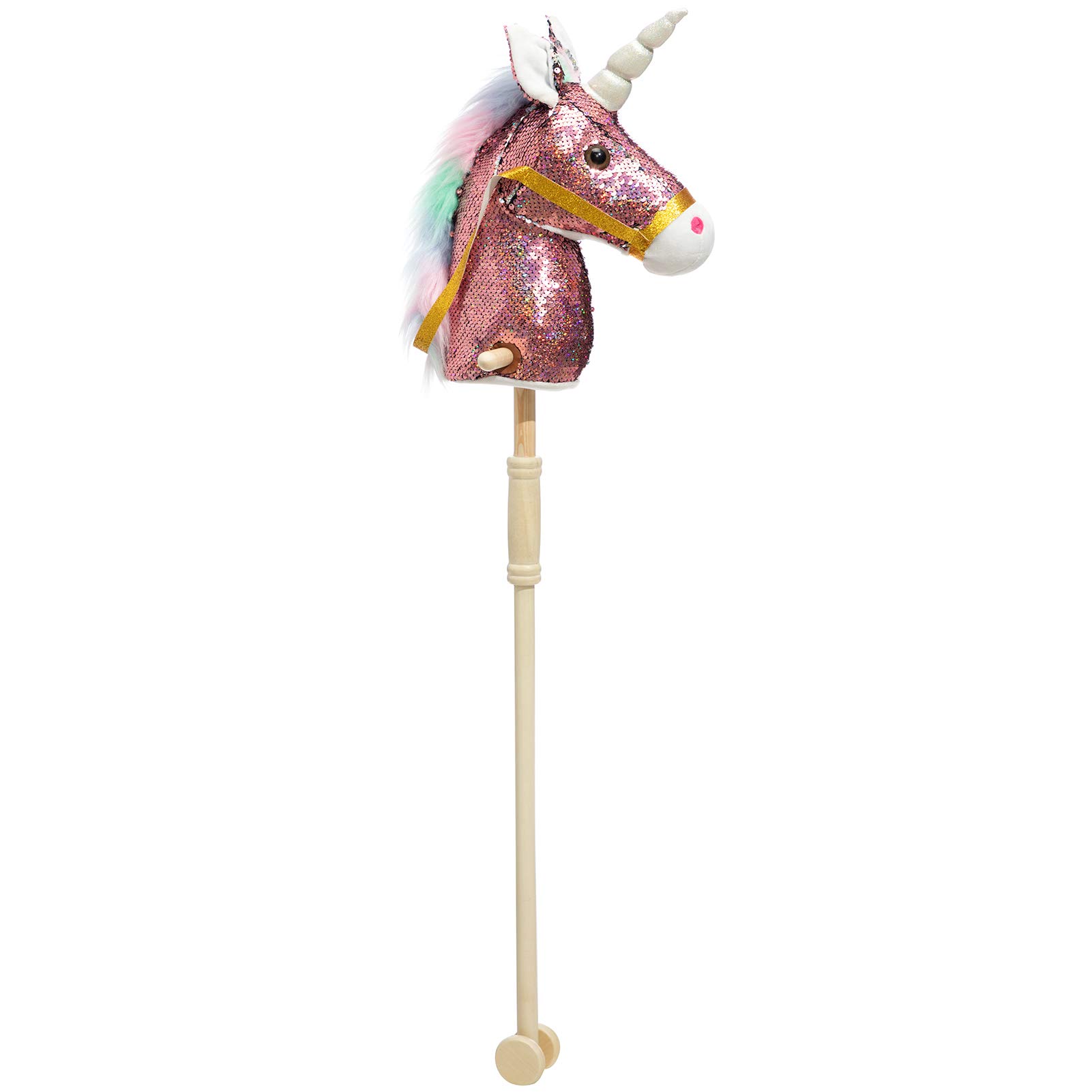 HollyHOME Sequin Unicorn Stick Horse Handcrafted Hobby Horse on a Stick with Wood Wheels Real Pony Neighing and Galloping Sounds Plush Unicorn Toy Pink 36 Inches(AA Batteries Required)