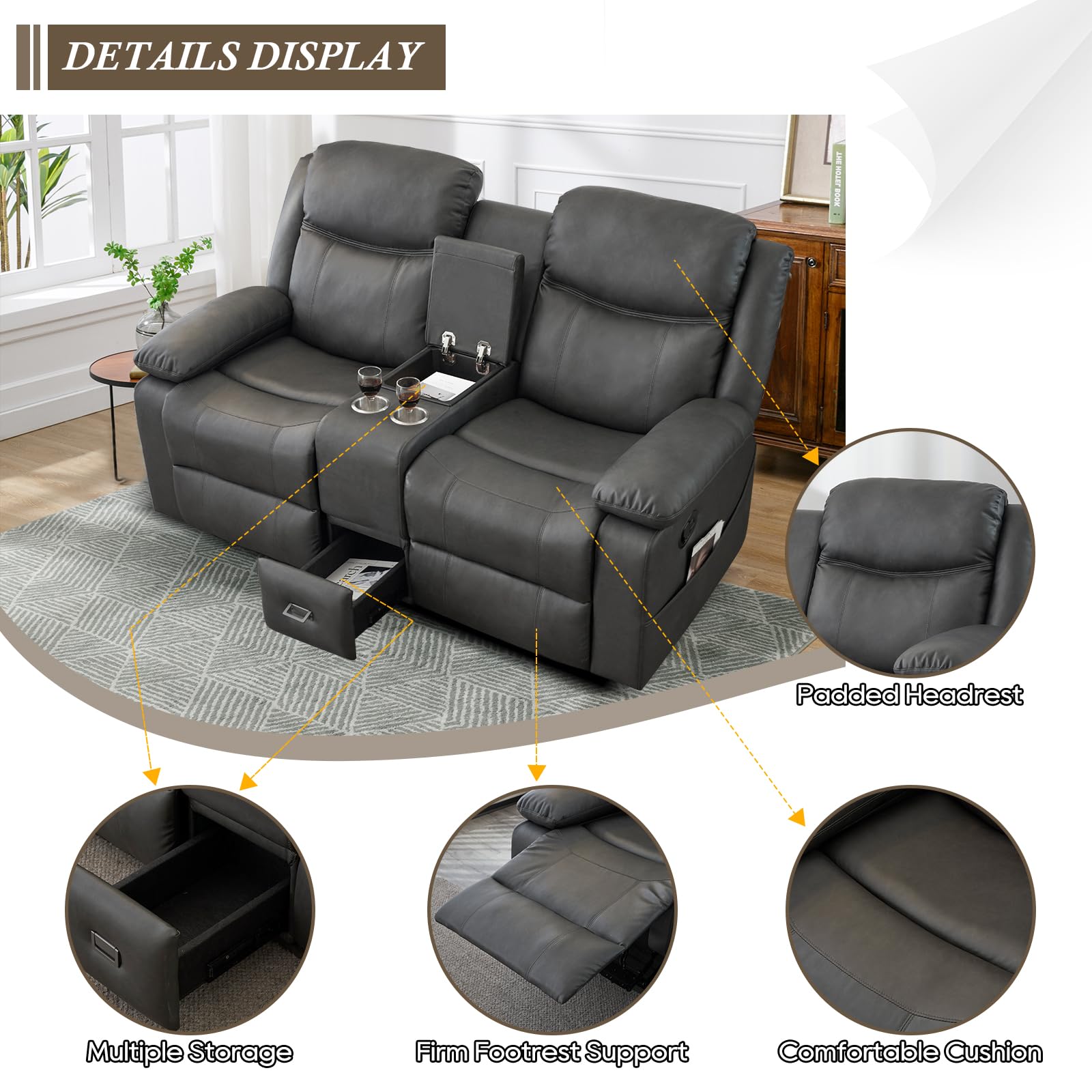 BAIJIAWEI B Loveseat Recliner, Reclining Loveseat with Console, Double Reclining Loveseat, 2 Seater Manual Reclining Couch for Living Room, Office, Home Theater(PU-Grey)
