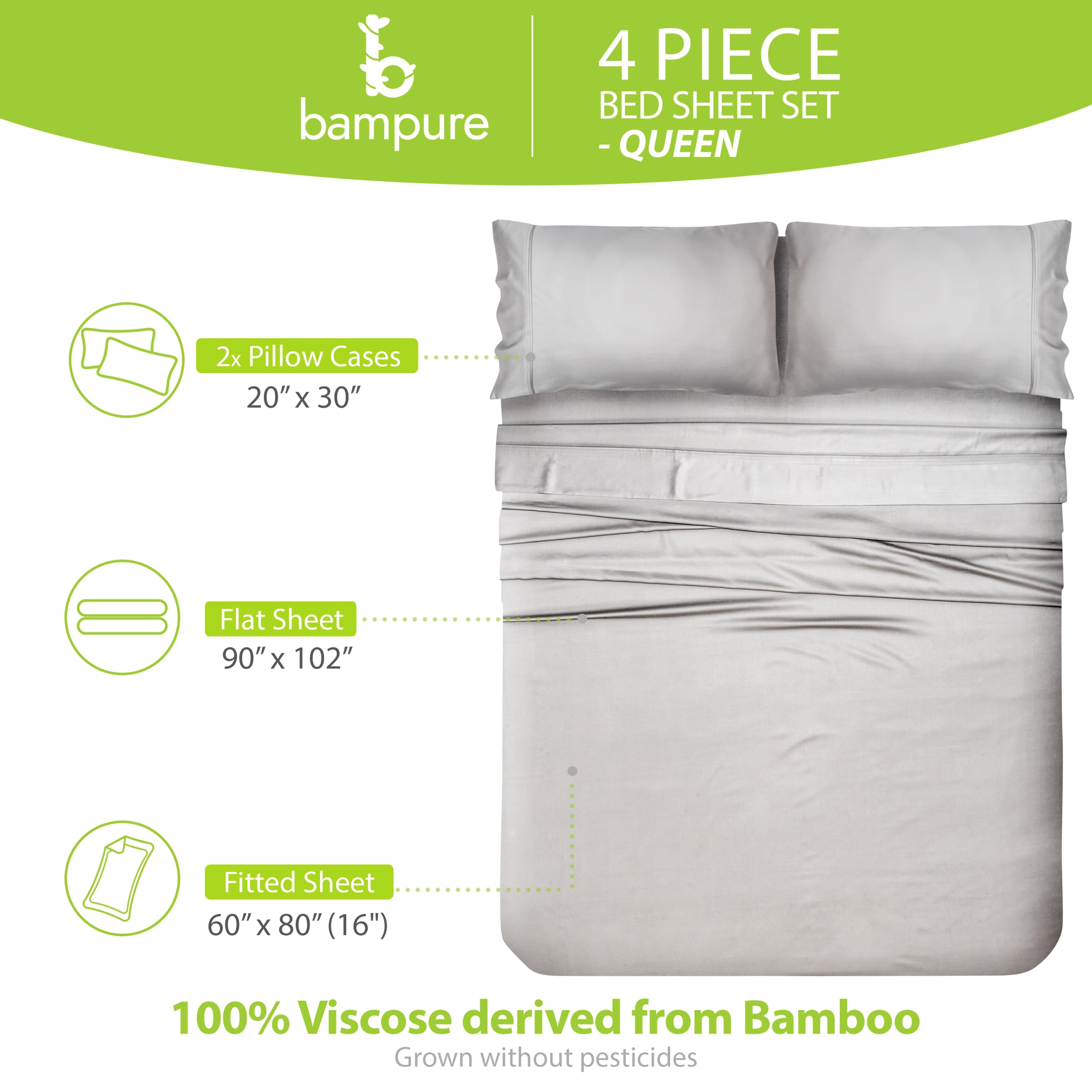 BAMPURE Luxury Series Queen Sheet Set - 100% Pure Viscose derived from Bamboo Sheets Queen Size - Super Soft Queen Cooling Sheets for Hot Sleepers - Up to 16ββ Deep Pocket Queen Sheets (L Grey)
