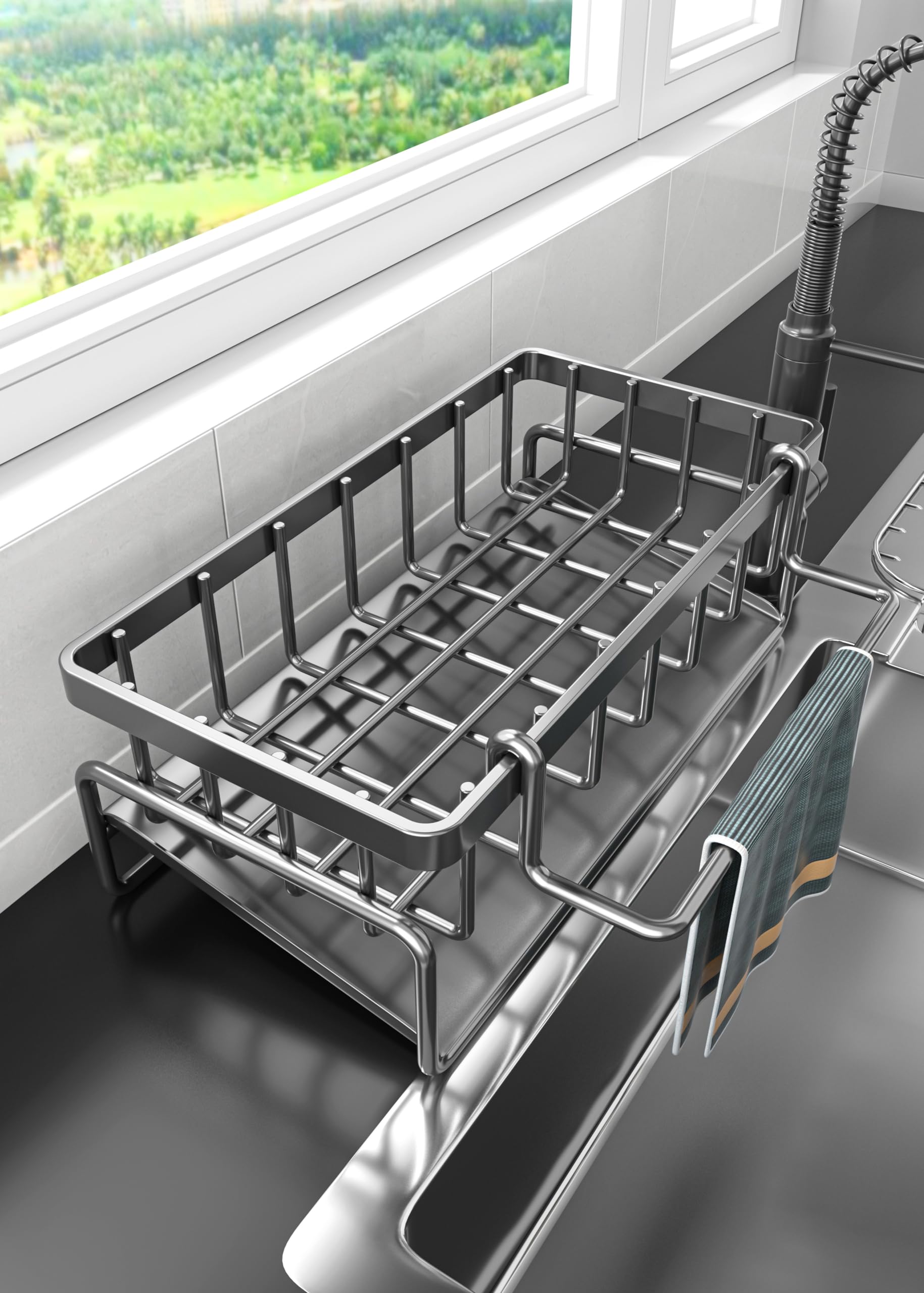YISMAN Sink Holder for Sponge, Dish Brush, Soap, Scrubber, Dishcloth, No Punching,with Detachable Hanging Rod,Grey