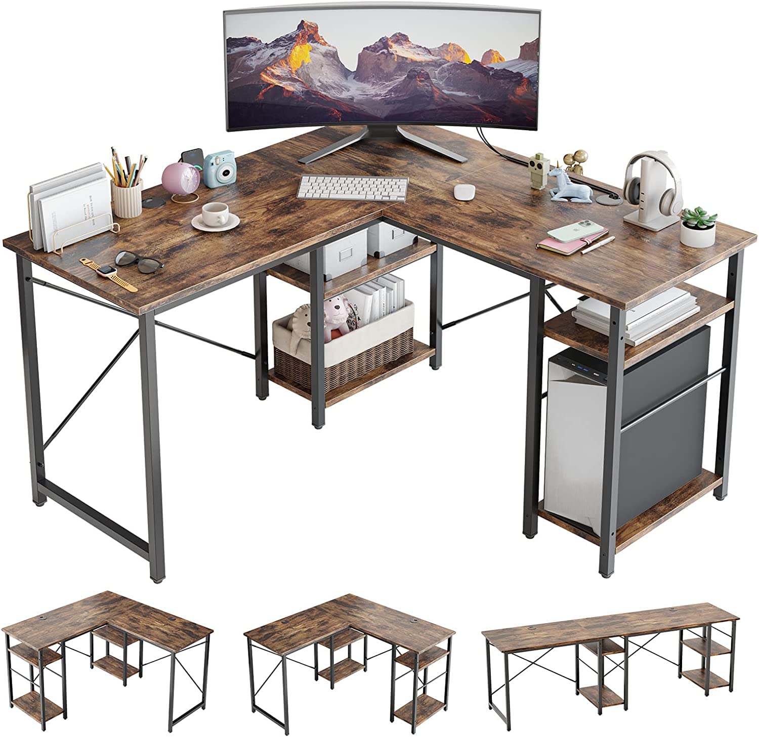 Bestier L Shaped Gaming Desk, 47” Reversible Corner Computer Desk, PC Gamer Desk with Adjustable Shelves for Home Office, 2 Person Long Gaming Table for Bedroom, Carbon Fiber Surface, Black