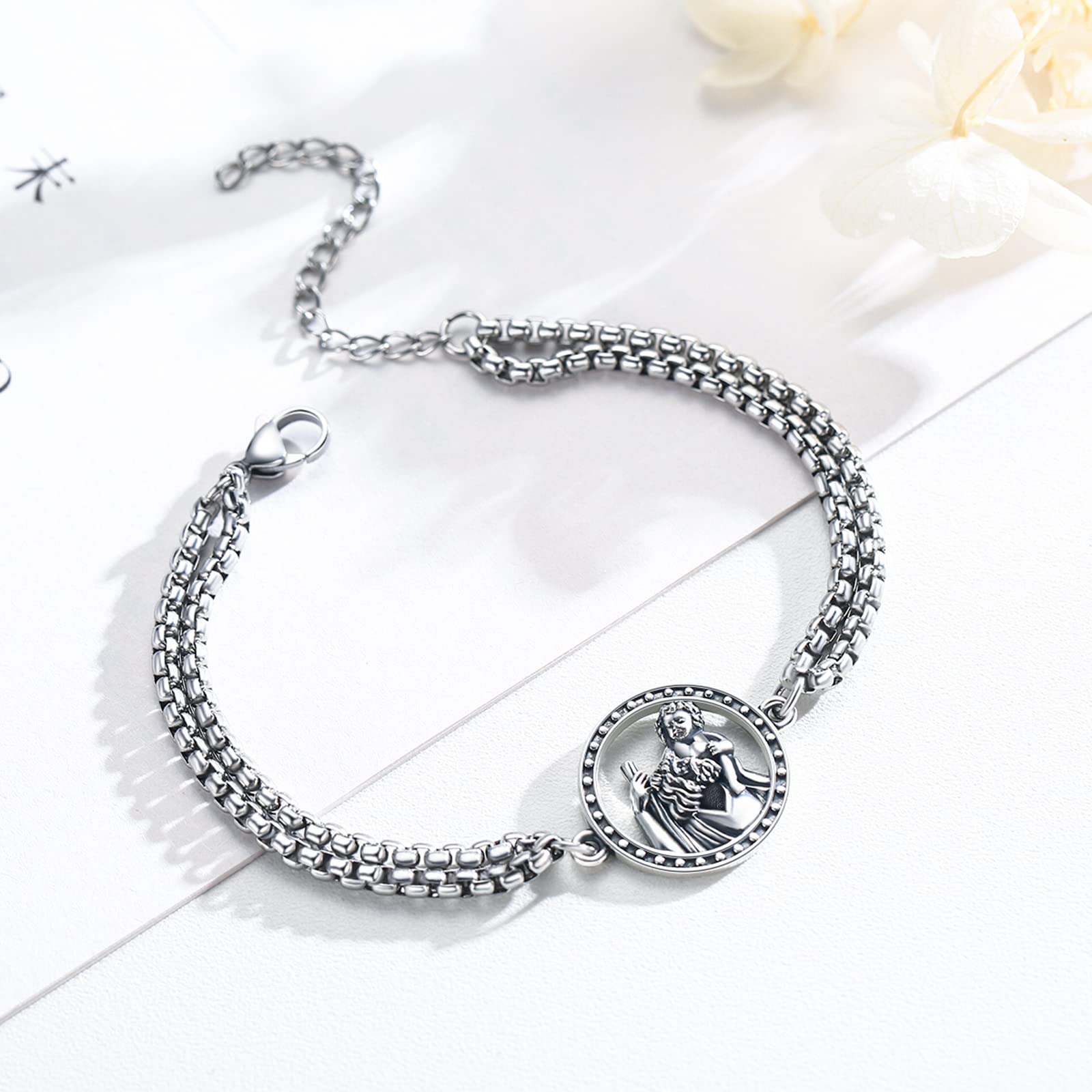 Aututer Saint Christopher Bracelet S925 Sterling Silver Round St Christopher Medal Bracelet Unisex Jewelry