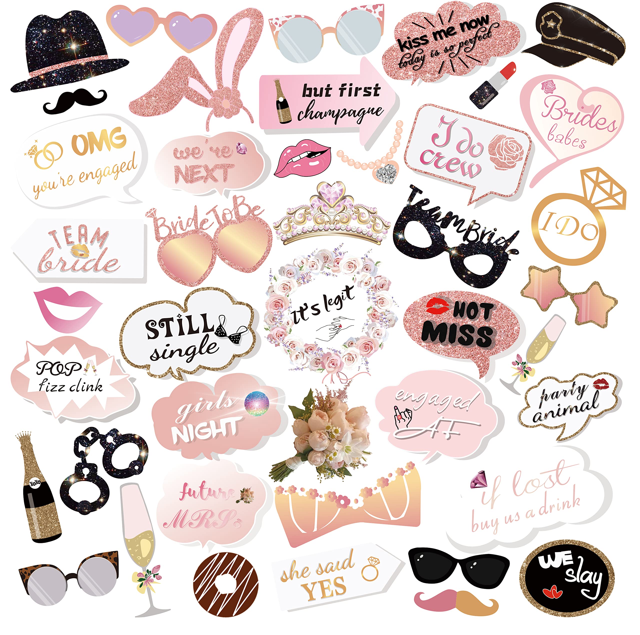 Zayvor Bachelorette Photo Booth Props with Stick and Strike a Pose Sign, Rose Gold Future Mrs Party Decorations, Bride to Be, Bridal Shower Girls Night Out Selfie Props Games Accessories,43 Count