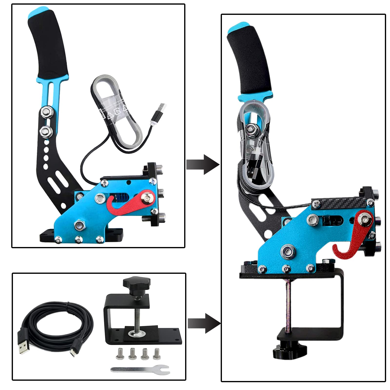 Obokidly Upgrade 2-IN-1 USB Handbrake Support G29 Compatible With PS4/PS5 + PC For Simracing Game Sim Rig With Clamp (Support G29 For PS5 With Clamp, Blue)