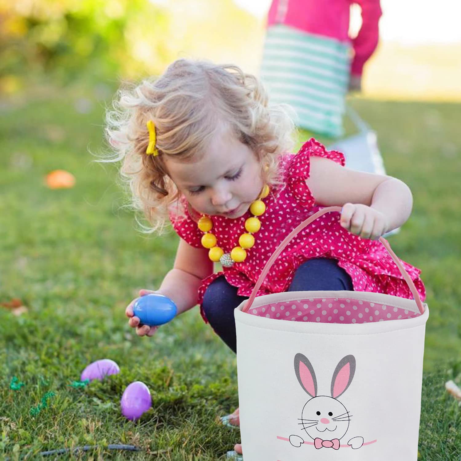 Easter Bunny Basket Egg Bags for Kids Canvas Tote Bags Buckets for Easter Eggs Personalized Candy Egg Basket with Rabbit Print Easter Tote Bag Party Candy Storage Decoration(2pcs)
