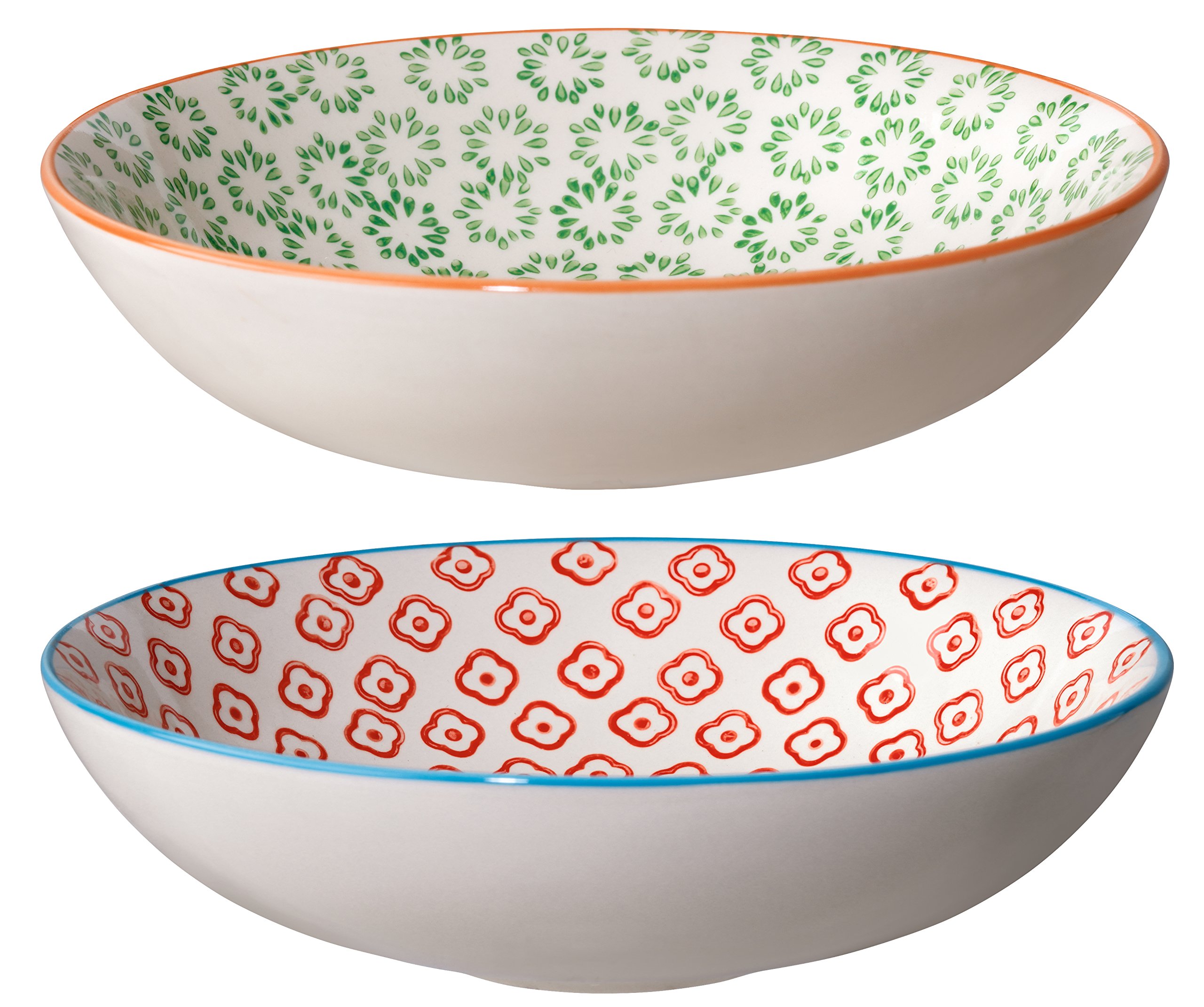Bloomingville Ceramic Pasta Bowls Emma - colorful Serving Dish Dia 7.5'' H 2'', green red, Stoneware, Set of 2 Styles, content 19.25 fl oz