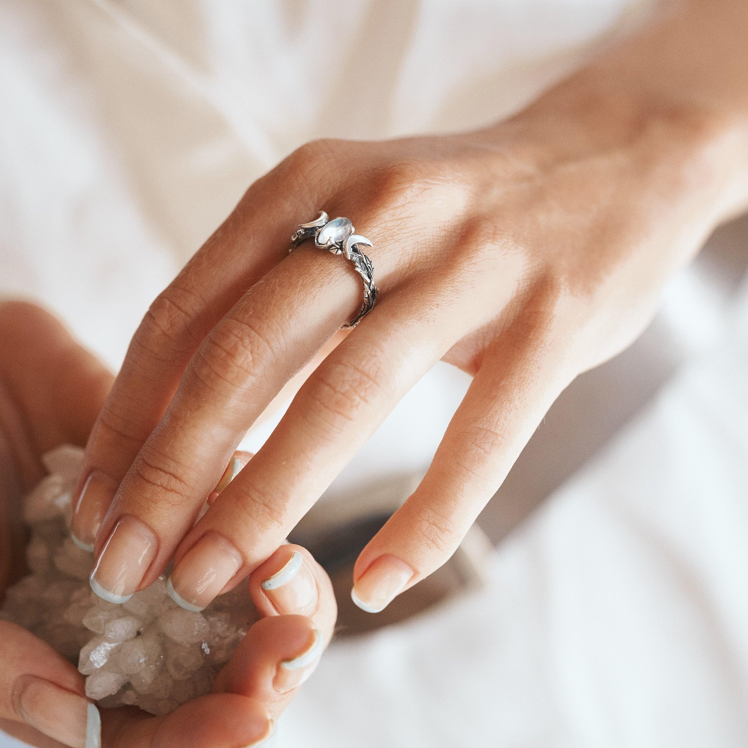 BlackTree 925 Sterling Silver Moonstone Ring Soma β Marquise Shape Rainbow Moonstone Handmade Rings, Celestial Jewelry Engagement Rings for Women (10 US)