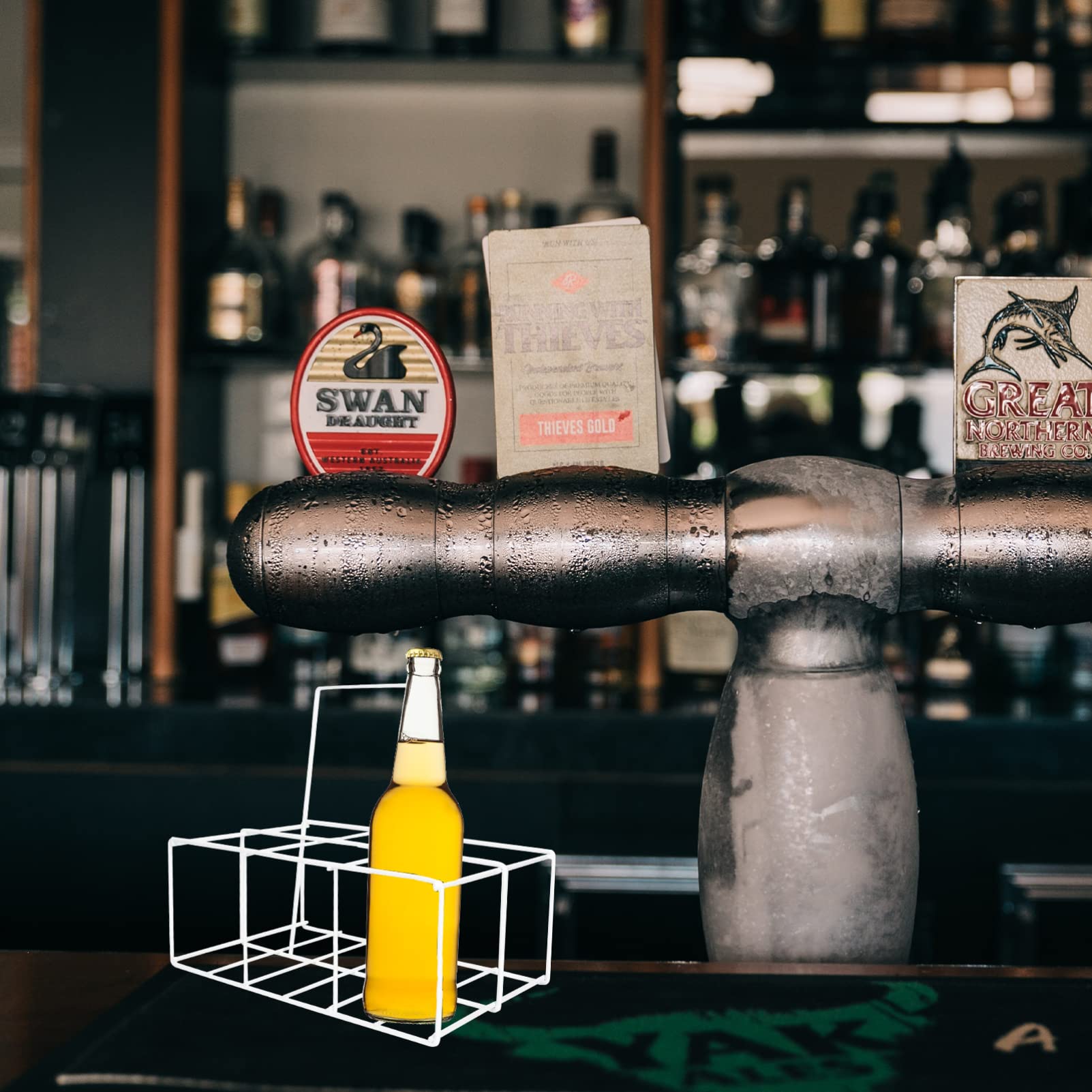 Cabilock Shelf Bracket Beer Bottle Carrier Holder Rack: Metal Wire Basket Wine Bottle Drink Rack Basket Bread Fruit Stand Holder for Snacks Fruits Bread Kitchen Desktop Stand