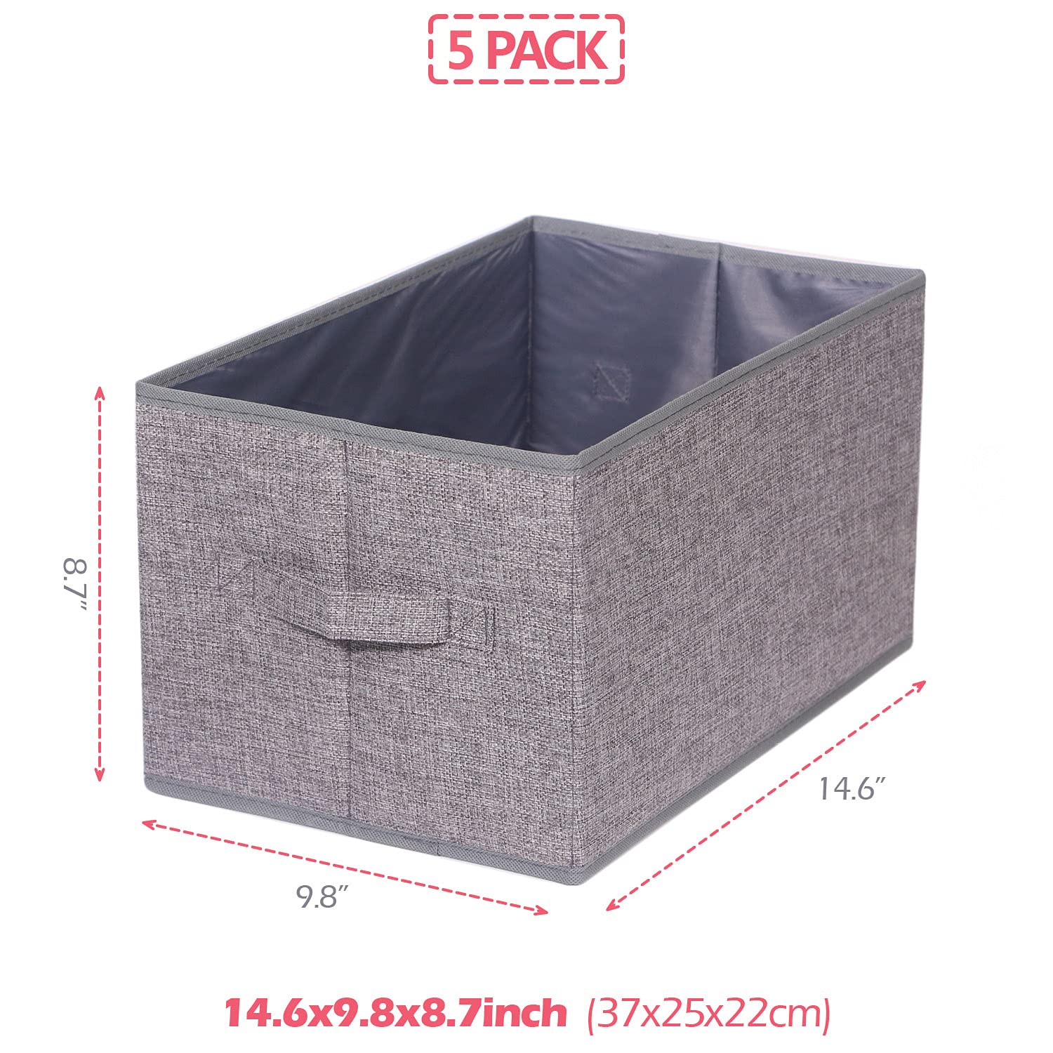 TENABORT 5 Pack Large Foldable Closet Storage Bins with Handle, Fabric Storage Organizer Cube Colth Containers Linen Box Shelf Baskets for Clothes Clothing Shelves Wardrobe Home Office
