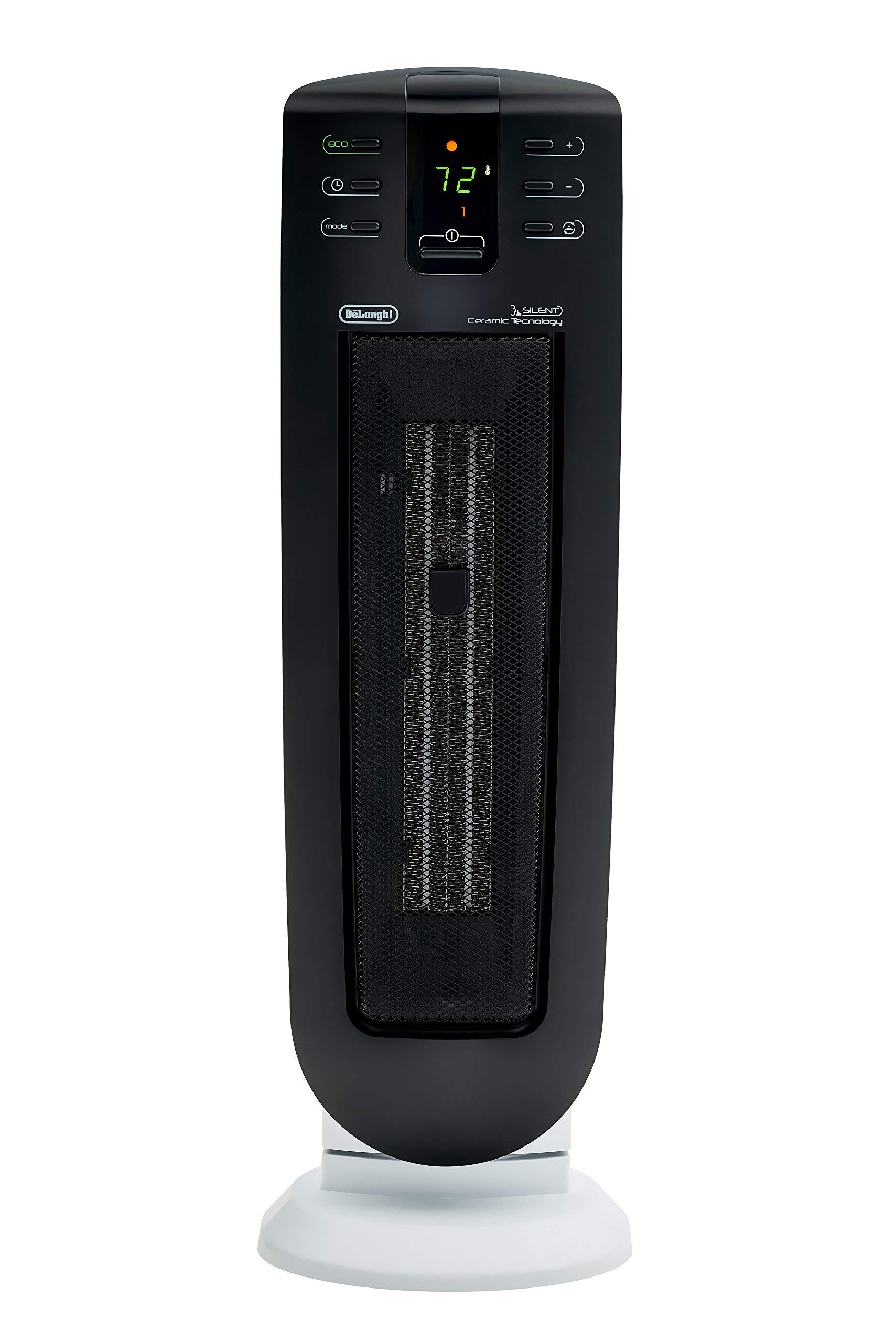 DeLonghi Ceramic Tower Space Heater, portable quiet 1500 Electric Space Heater for indoor use, timer, remote, ECO energy efficient, safety features, 24 inches tall, TCH7915ER