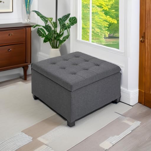 HOMCOM Fabric Tufted Storage Ottoman with Flip Top Seat Lid, Metal Hinge and Stable Eucalyptus Wood Frame for Living Room, Entryway, or Bedroom, Gray