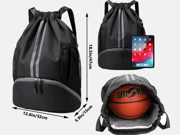 BRILISLE Drawstring Backpack Water-Resistant Sports Gym Bag for Women & Men with Shoes Compartment and Wet-Proof Pocket blkblu