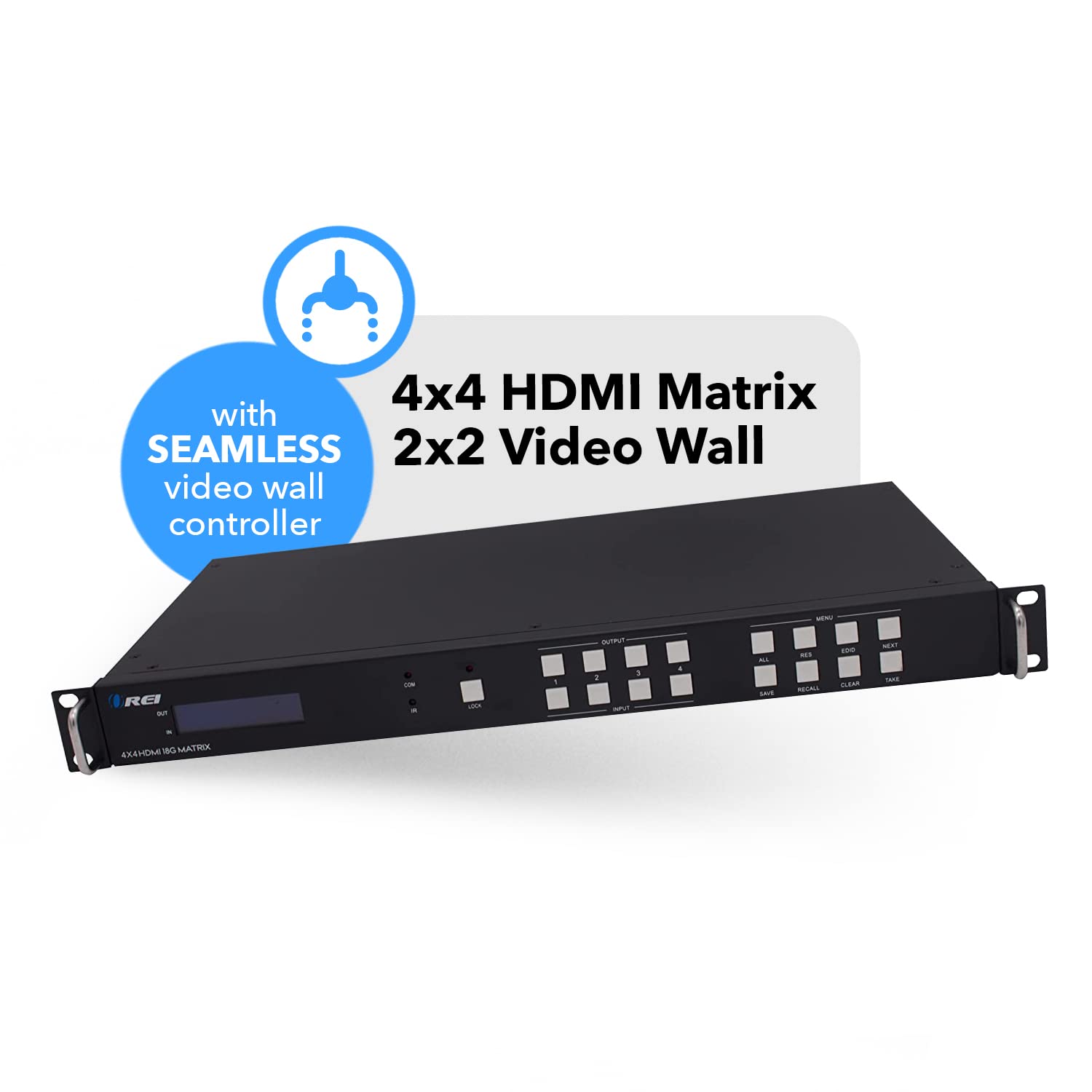 OREI Professional 4K 4X4 HDMI Matrix Video Wall, Seamless Switching HDCP 2.2 UltraHD 4K @ 60Hz 4:4:4 Switcher & IR Control, Audio Extract, RS-232 - Zero Latency 4 Displays 2x2 Video Wall @ 1080P